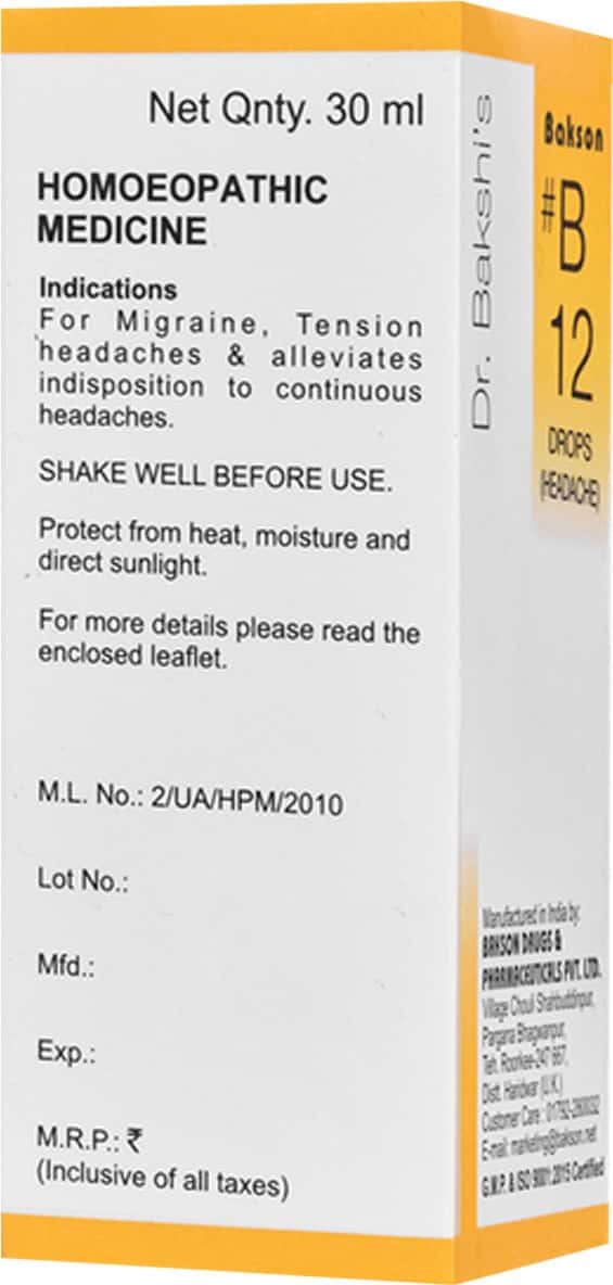 Buy BAKSONS B12 HEADACHE DROP 30 ML Online & Get Upto 60% OFF at PharmEasy