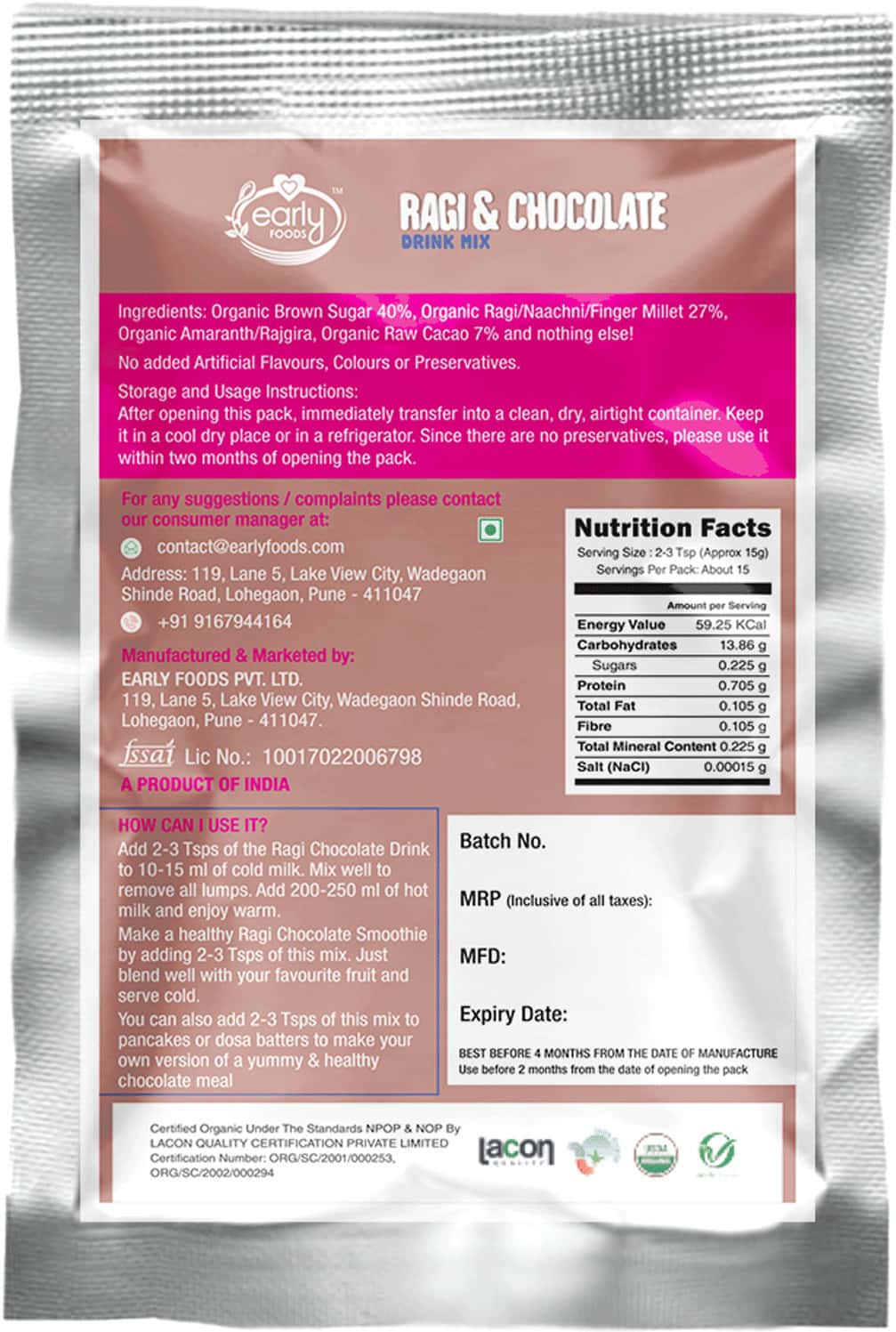 Buy EARLY FOODS (TRIAL PACK) RAGI & CHOCOLATE HEALTH DRINK MIX 50G ...