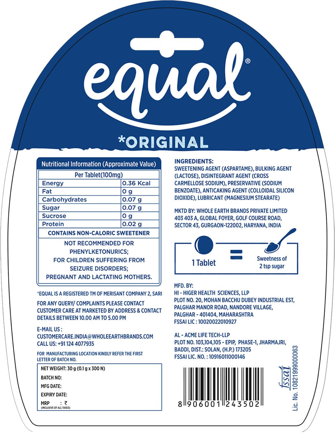 Buy EQUAL ORIGINAL LOW CALORIE SWEETENER SUGAR FREE LOW CALORIES SUGAR ...