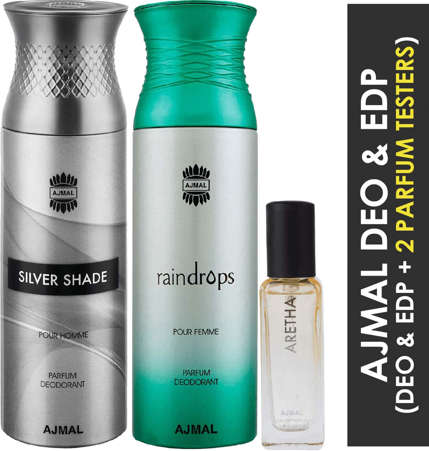Buy AJMAL SILVER SHADE & RAINDROPS DEO EACH 200ML & ARETHA EDP 20ML ...