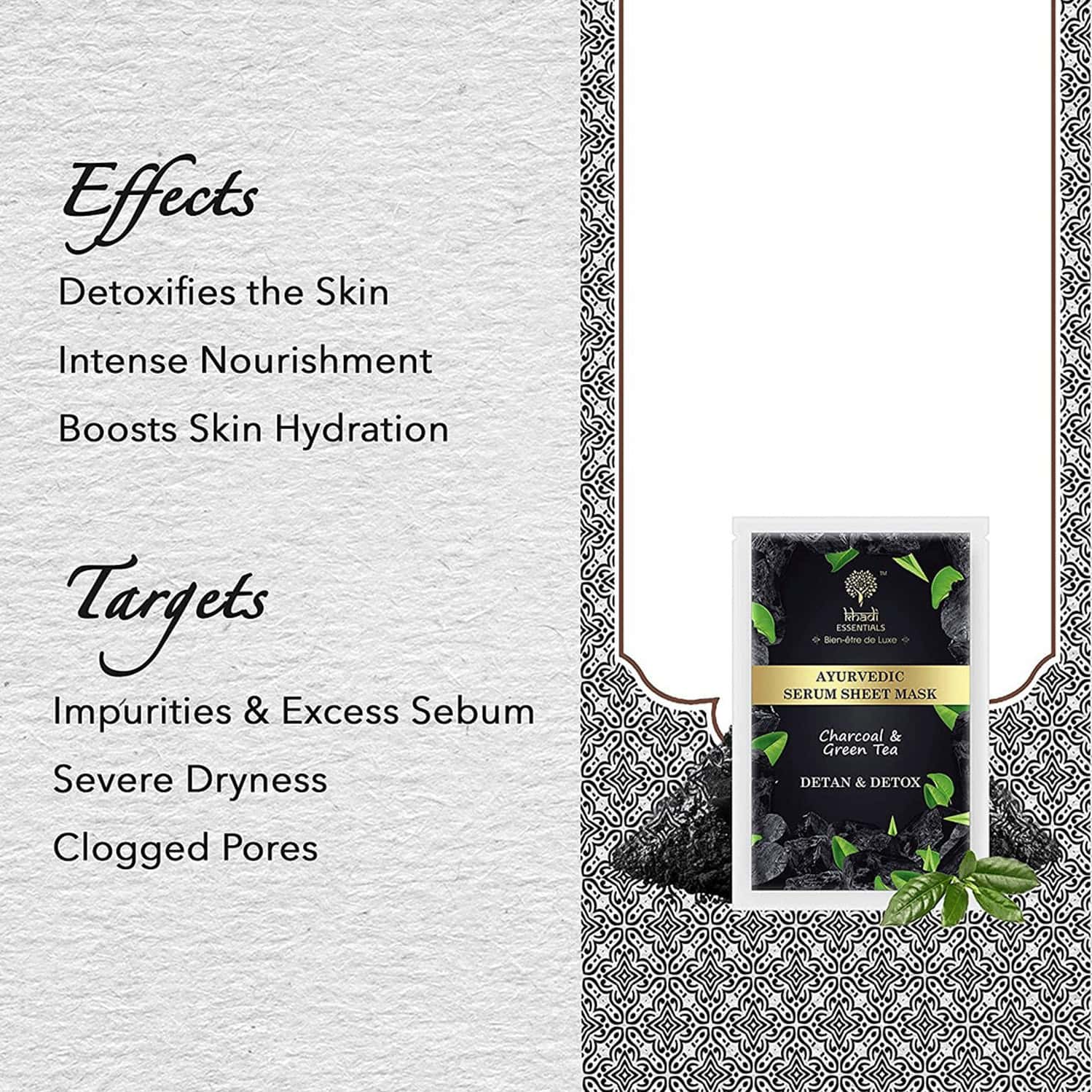 Buy KHADI ESSENTIALS AYURVEDIC CHARCOAL SERUM SHEET MASK FOR DETAN AND DETOX (PACK OF 3) Online ...