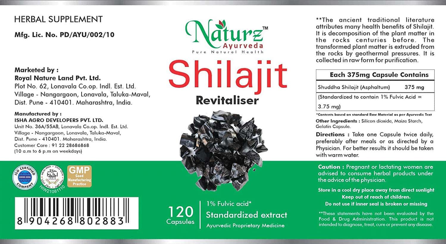Buy NATURZ AYURVEDA SHILAJIT 375MG 120 CAPSULES (PACK OF 5) NATURAL ...