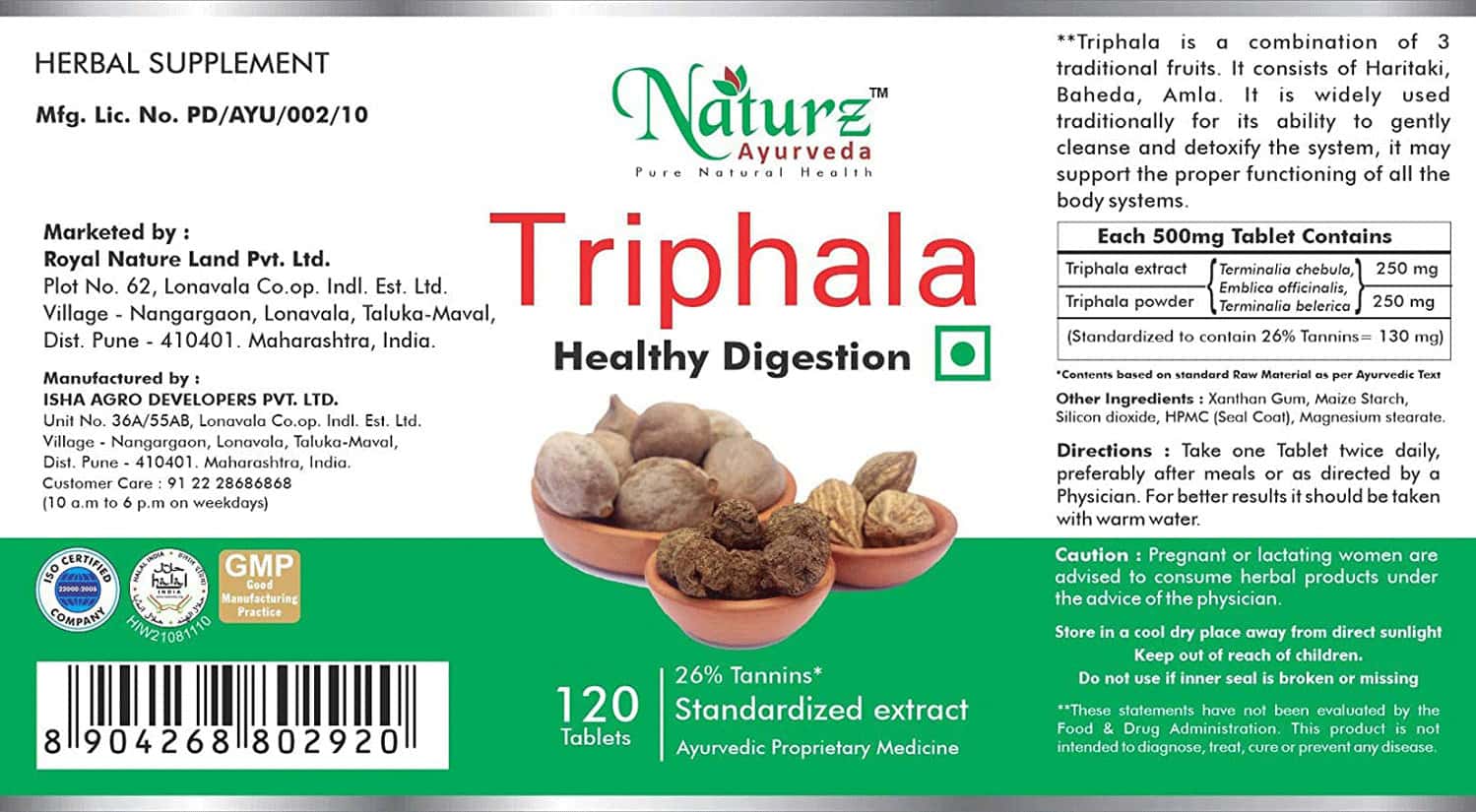 Buy NATURZ AYURVEDA TRIPHALA 500MG 120 TABLETS (PACK OF 5) - NATURAL ...