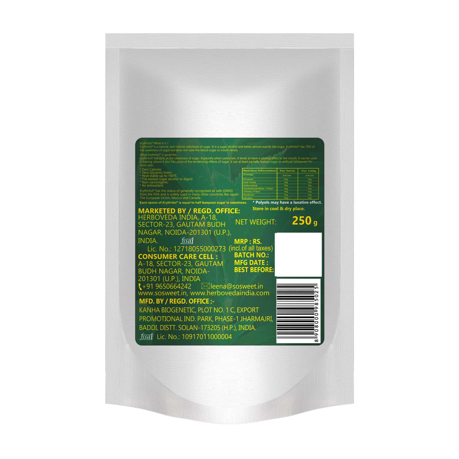 Buy SO SWEET ERYTHRITOL POWDER 250GM NATURAL SWEETENER SUGAR FREE (PACK ...