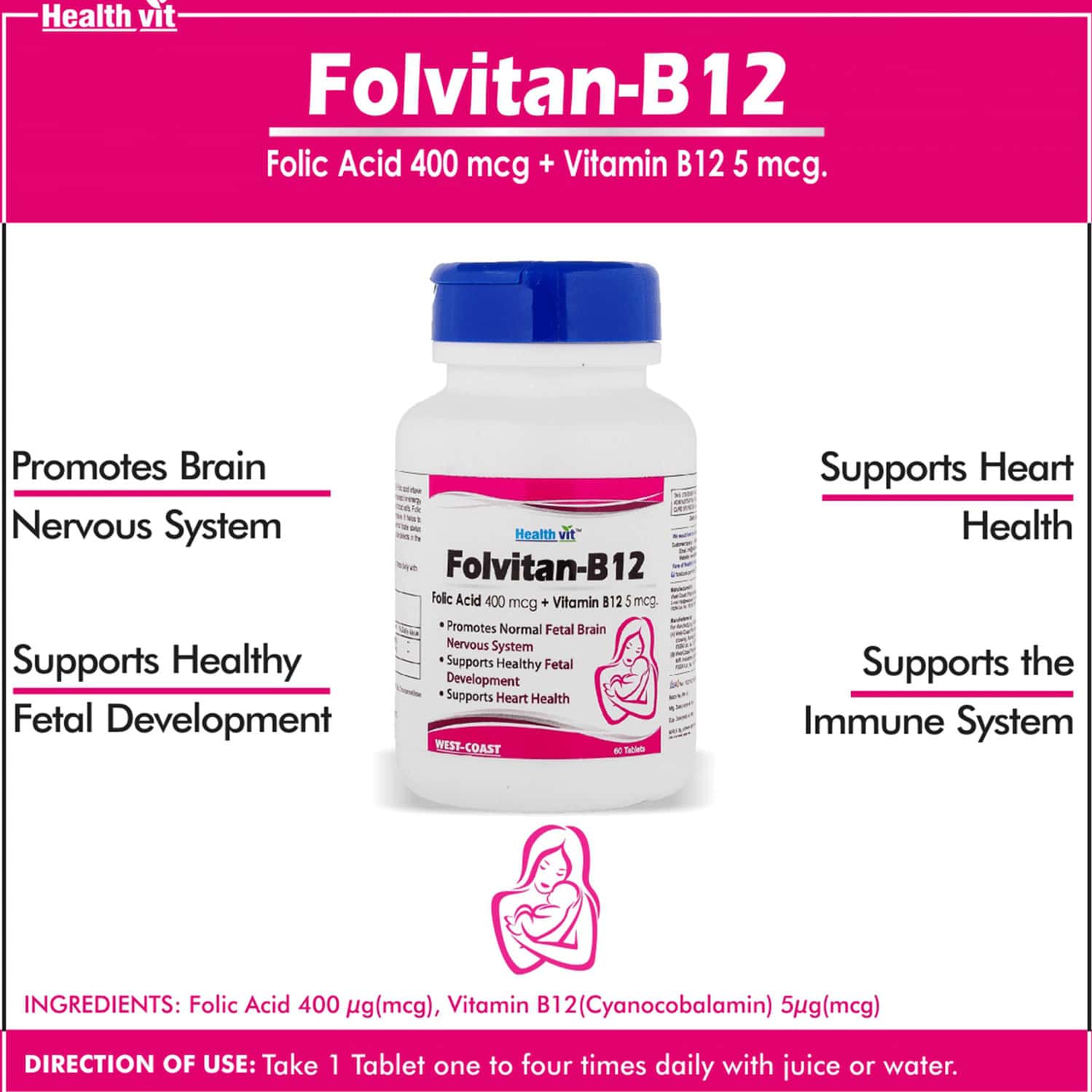Buy HEALTHVIT FOLVITAN-B12 FOLIC ACID 400 MCG + VITAMIN B12 5 MCG 60 ...