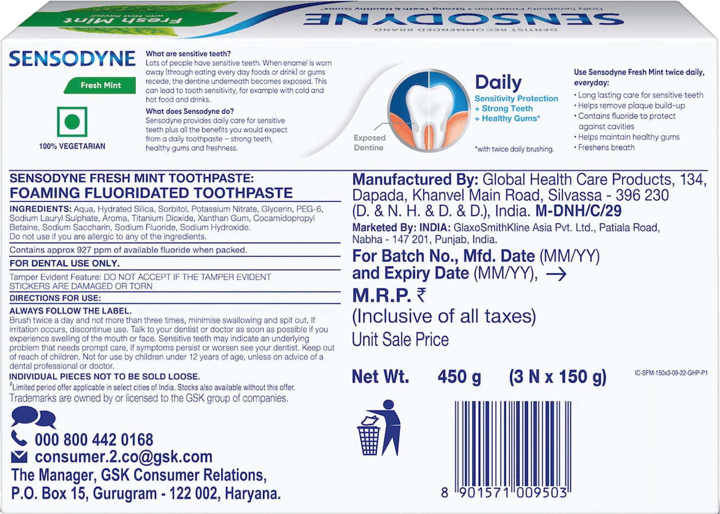 Buy SENSODYNE TOOTHPASTE FRESH MINT COMBO PACK, 450 GM MULTI-PACK (150 ...