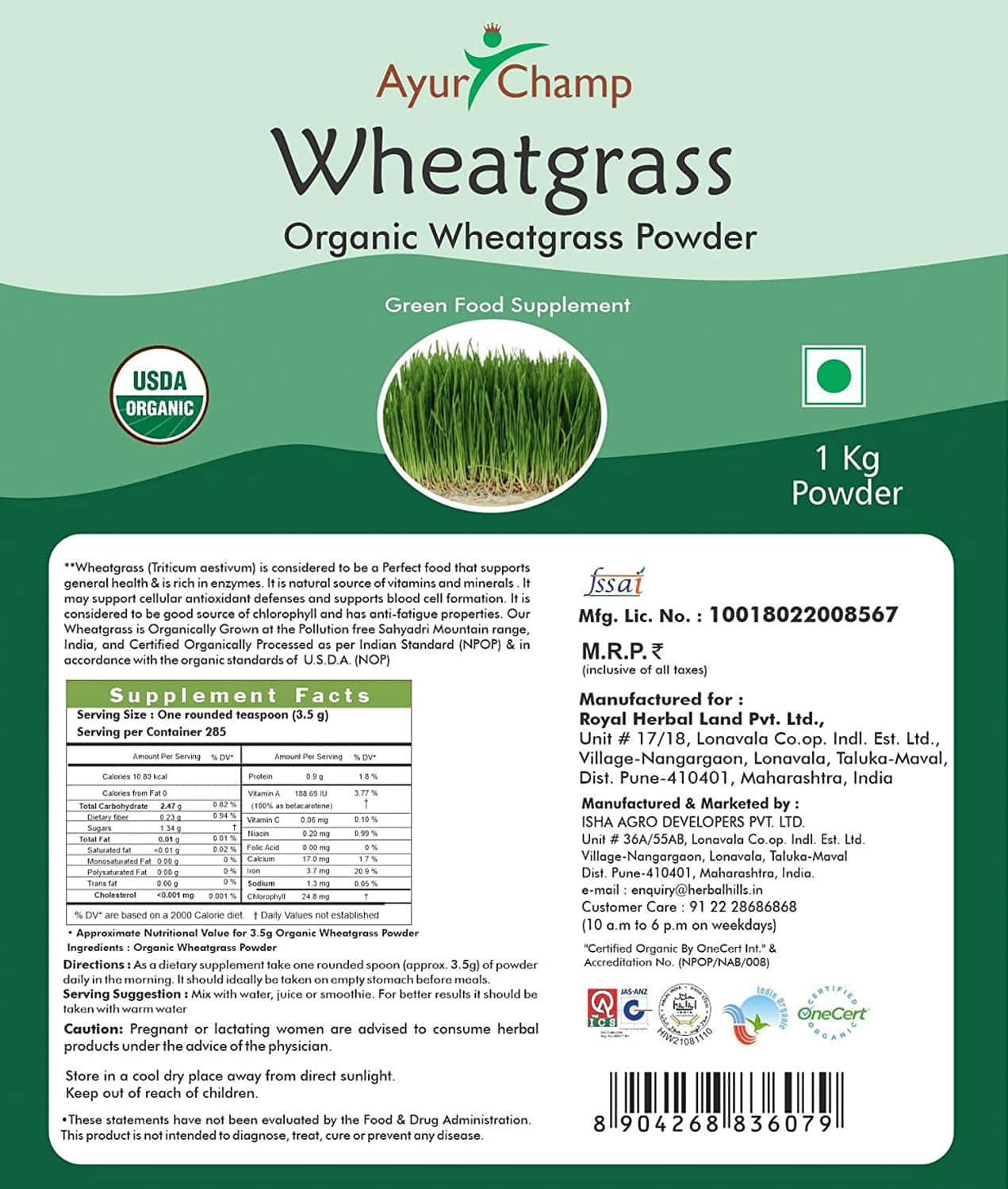 Buy AYUR CHAMP ORGANIC WHEATGRASS POWDER - 1 KG VALUE PACK Online & Get ...