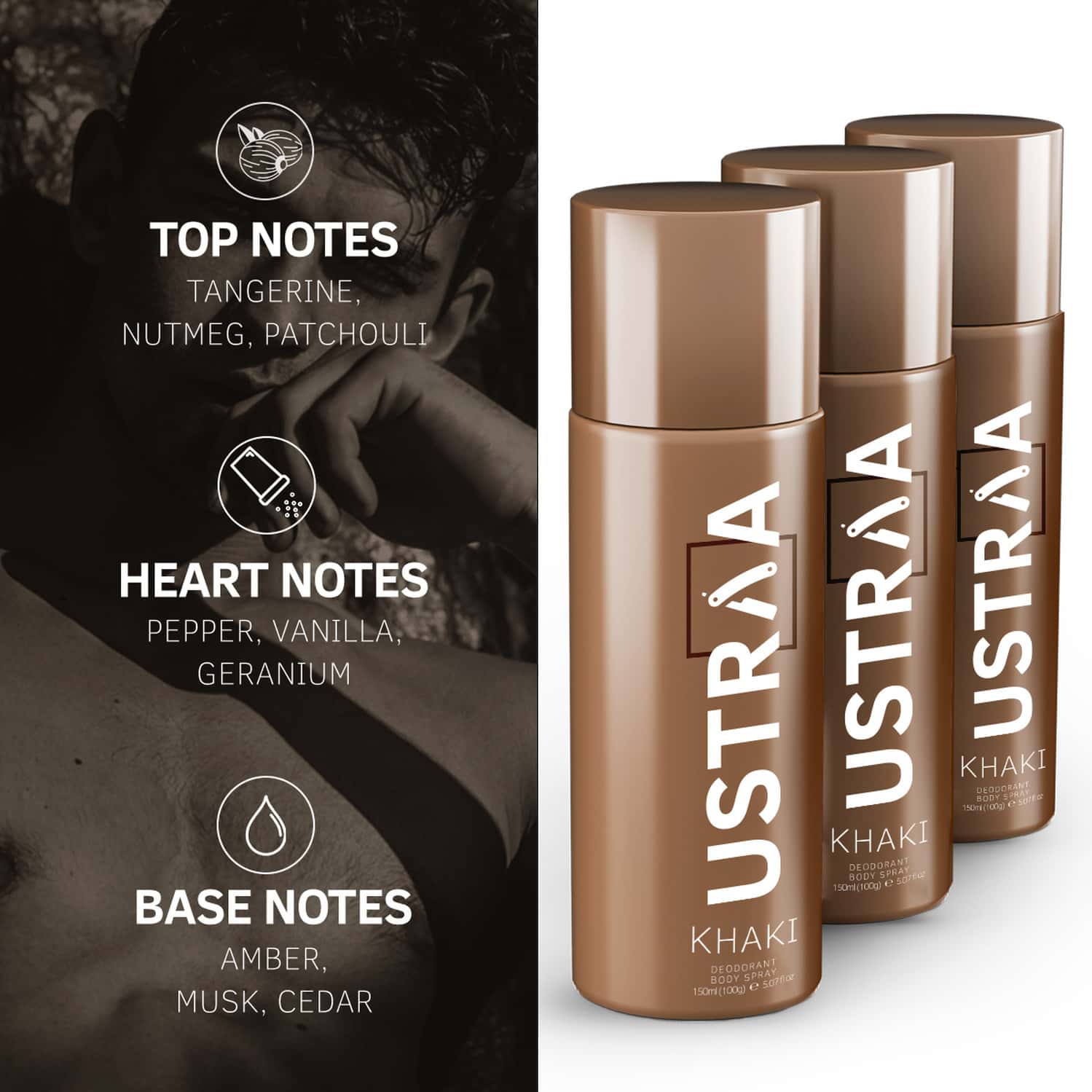 Buy USTRAA KHAKI DEODORANT BODY SPRAY - 150ML - PACK OF 3 Online & Get ...