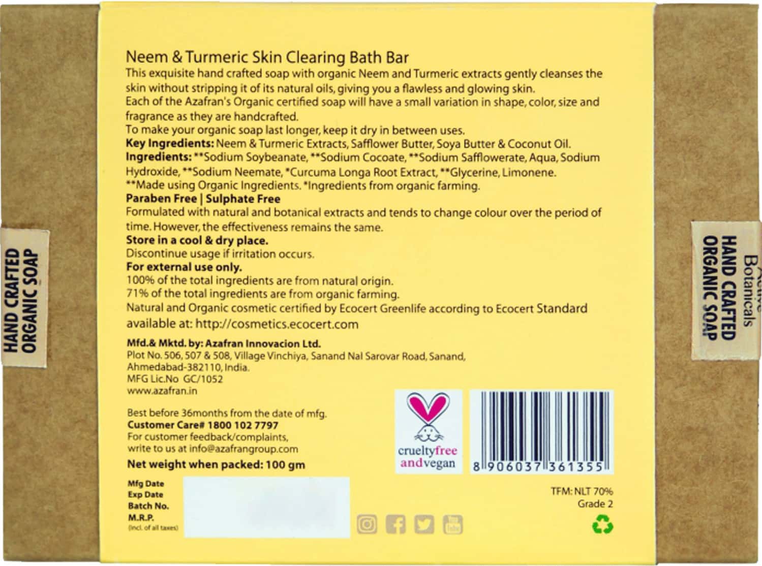 Buy AZAFRAN ORGANIC NEEM & TURMERIC SKIN CLEARING BATH BAR - 100GM ...