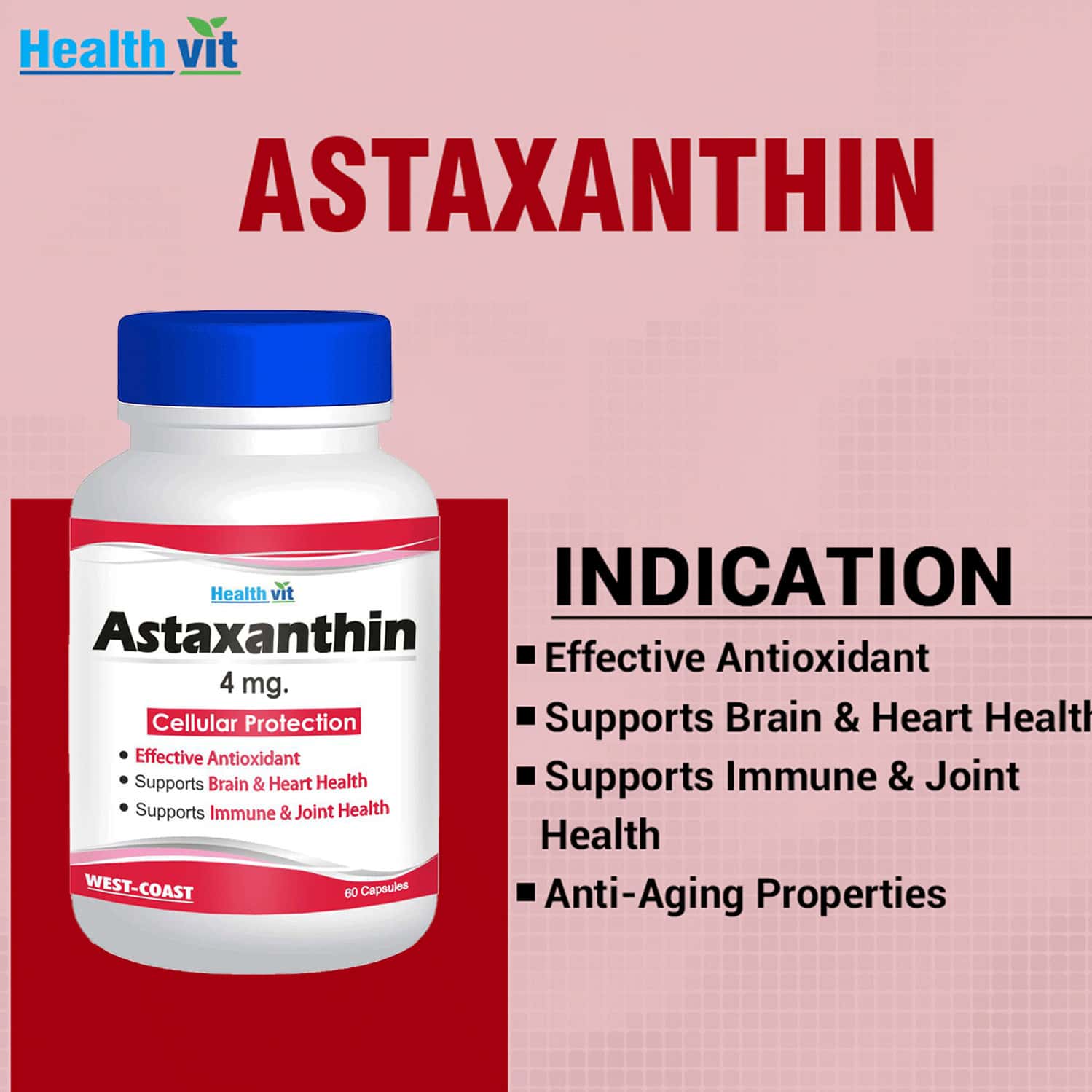 Buy HEALTHVIT ASTAXANTHIN 4 MG 60 CAPSULES FOR CELLULAR PROTECTION ...
