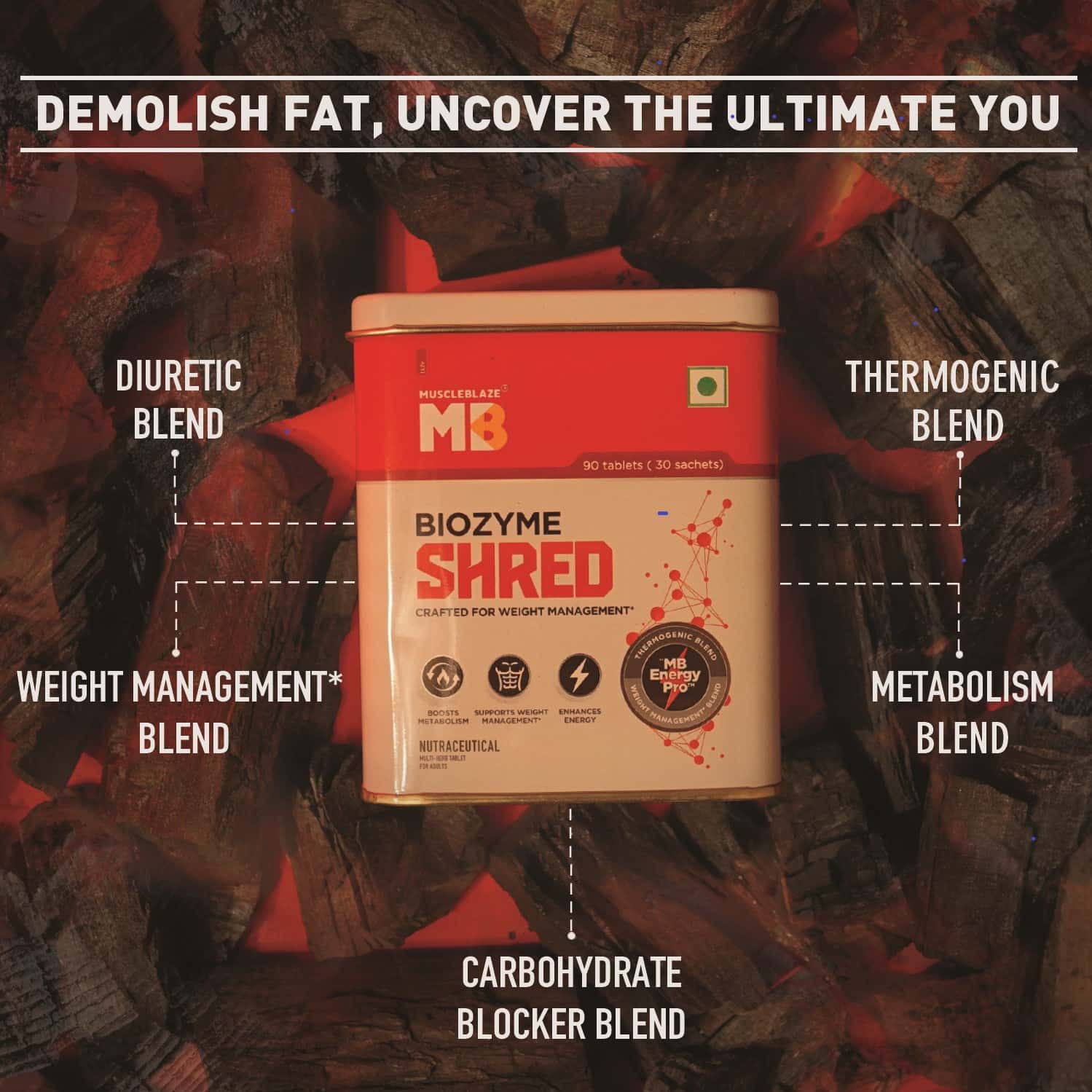 Buy MUSCLEBLAZE BIOZYME SHRED, 90 TABLETS, SUPPORTS WEIGHT MANAGEMENT ...