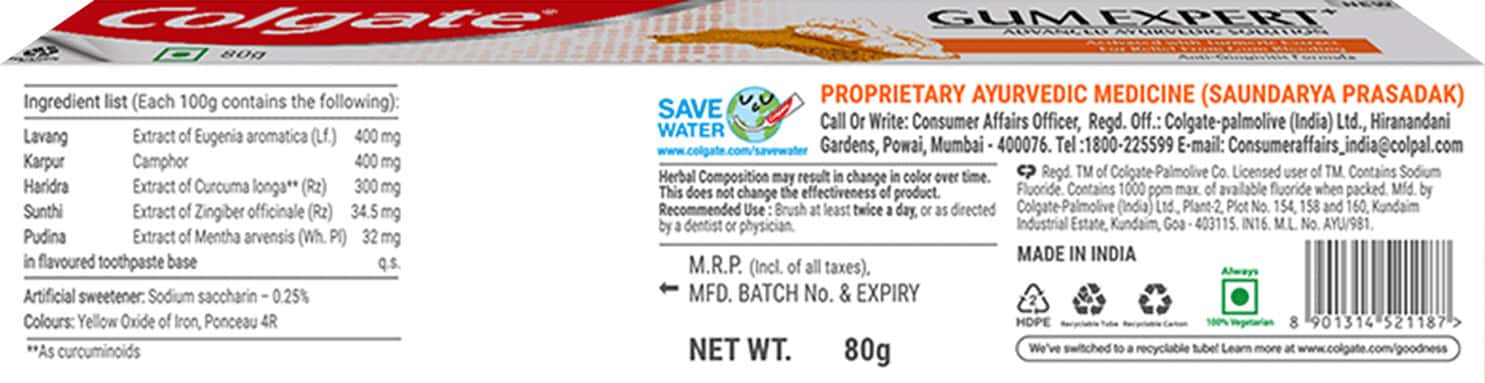 Buy COLGATE GUM EXPERT ADVANCED AYURVEDIC SOLUTION GUM CARE TOOTHPASTE ...