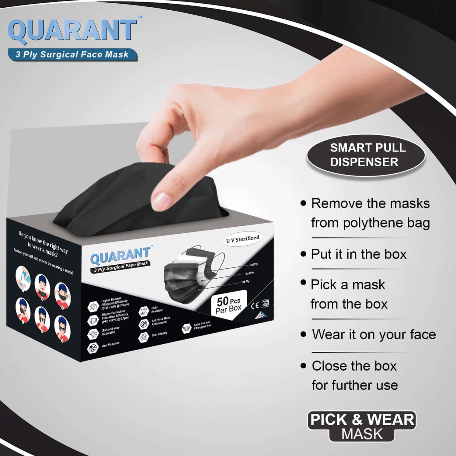 Buy QUARANT 3 PLY BLACK SURGICAL FACE MASK WITH ADJUSTABLE NOSE PIN UV ...