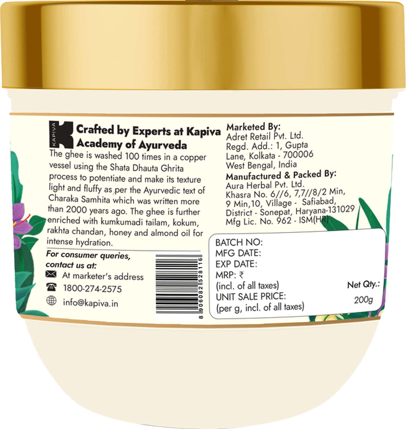 Buy KAPIVA GHEE KUMKUMADI BODY BUTTER (200 G) | 100 TIMES WASHED GHEE ...