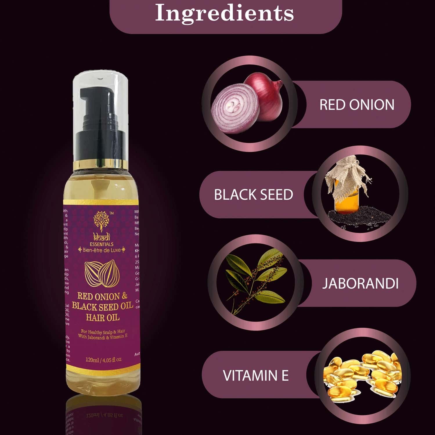 Buy KHADI ESSENTIALS AYURVEDIC RED ONION & BLACK SEED HAIR NOURISHMENT OIL 120ML Online & Get ...