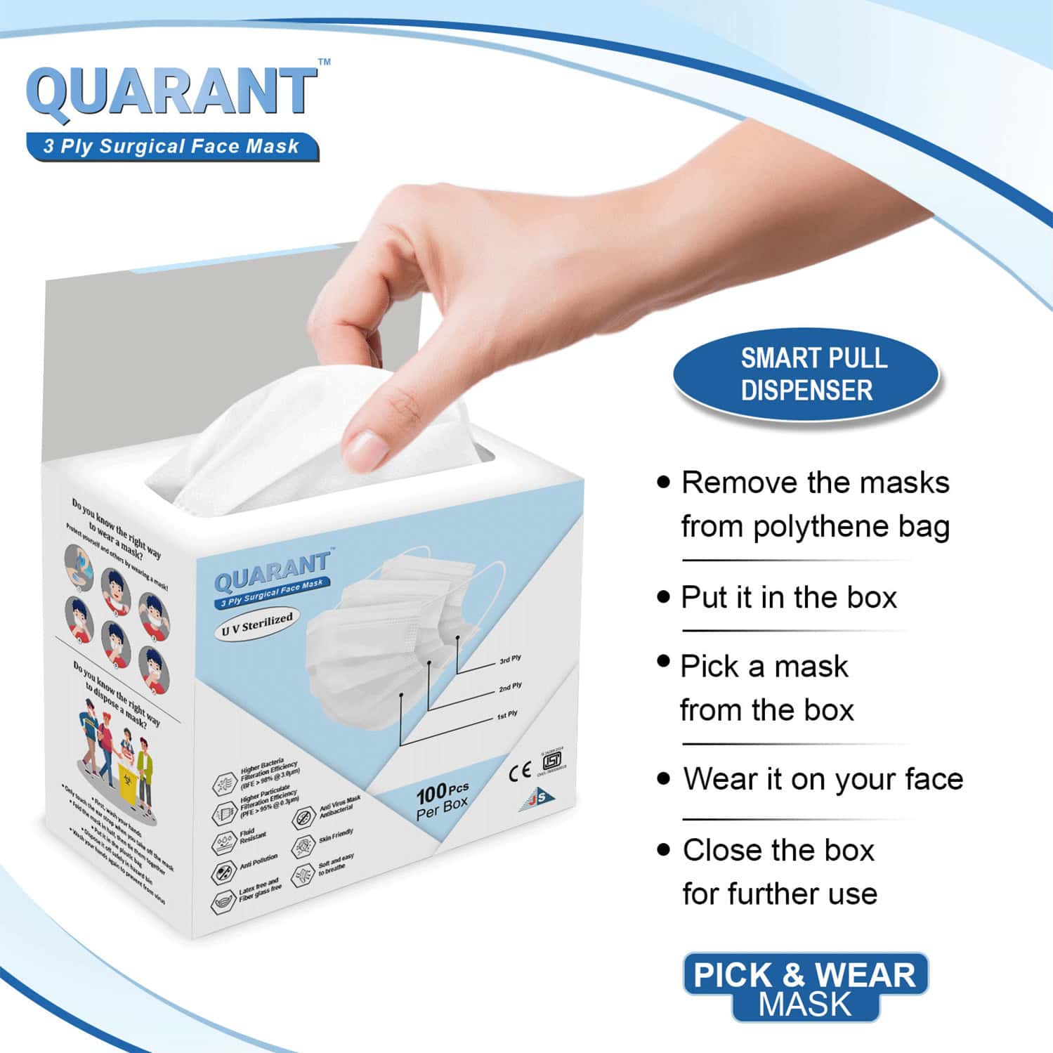 Buy QUARANT 3 PLY WHITE SURGICAL FACE MASK WITH ADJUSTABLE NOSE PIN, UV ...