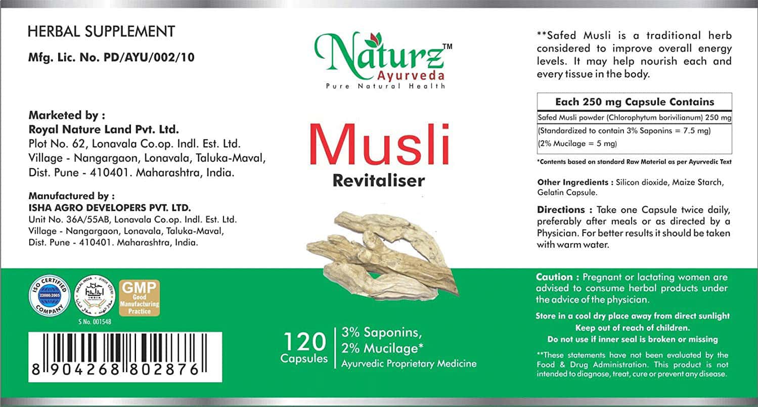 Buy NATURZ AYURVEDA SAFED MUSALI CAPSULE 120 COUNT PACK OF 2 Online ...