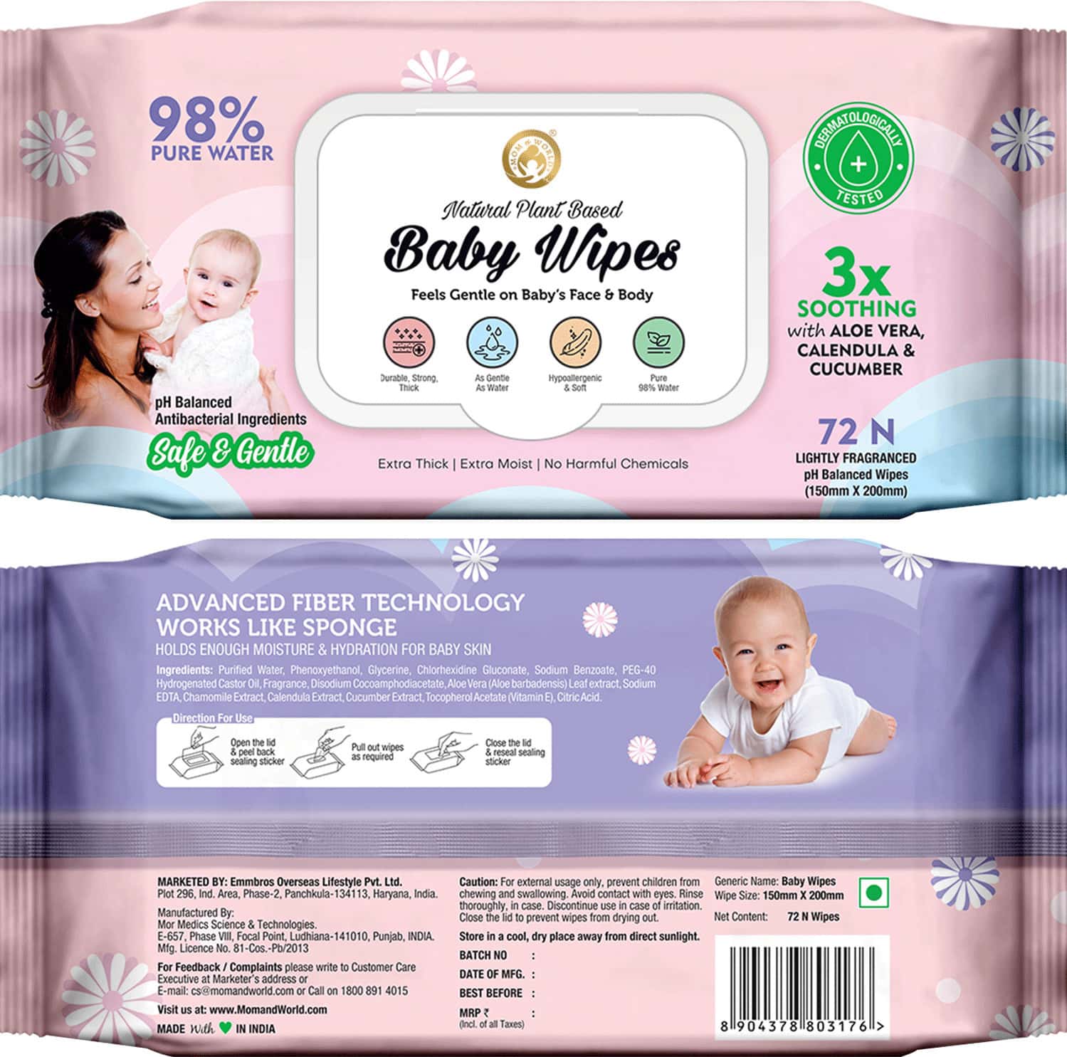 Buy MOM & WORLD NATURAL 98% PURE WATER BABY WIPES PLANT BASED PH ...