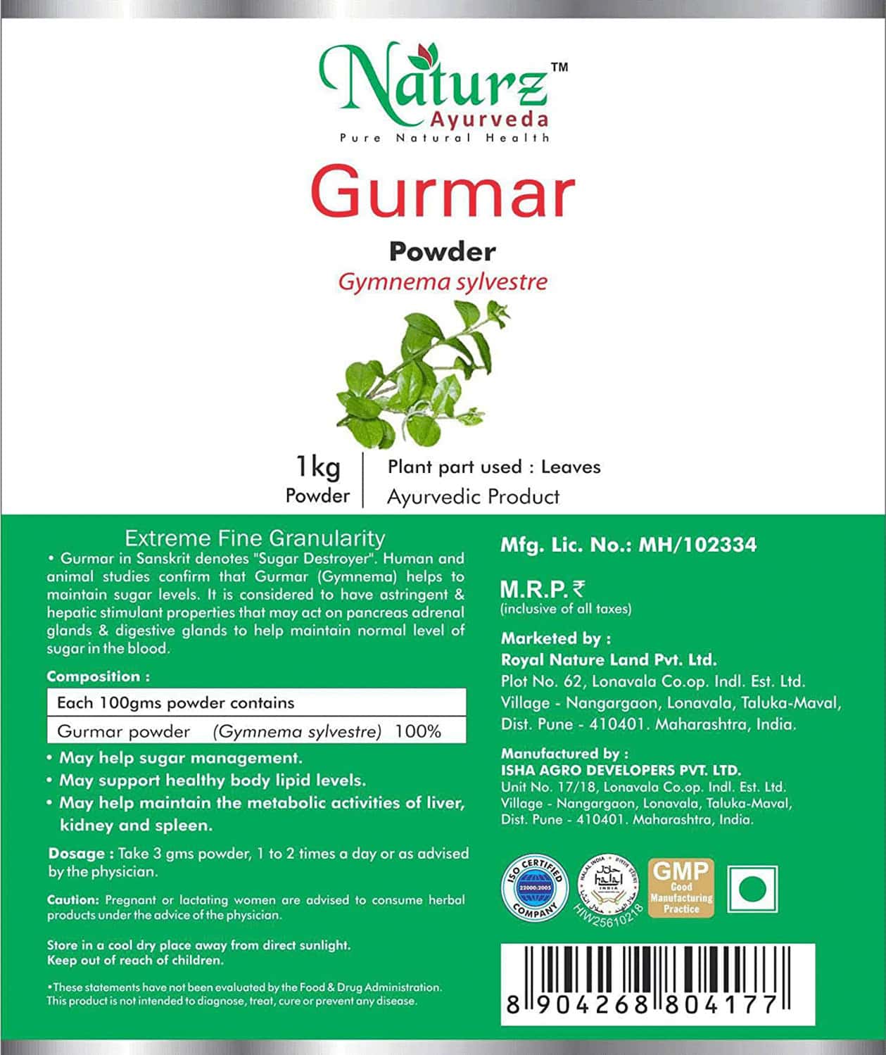 Buy NATURZ AYURVEDA GURMAR POWDER - 1 KG VALUE PACK OF 2 Online & Get ...