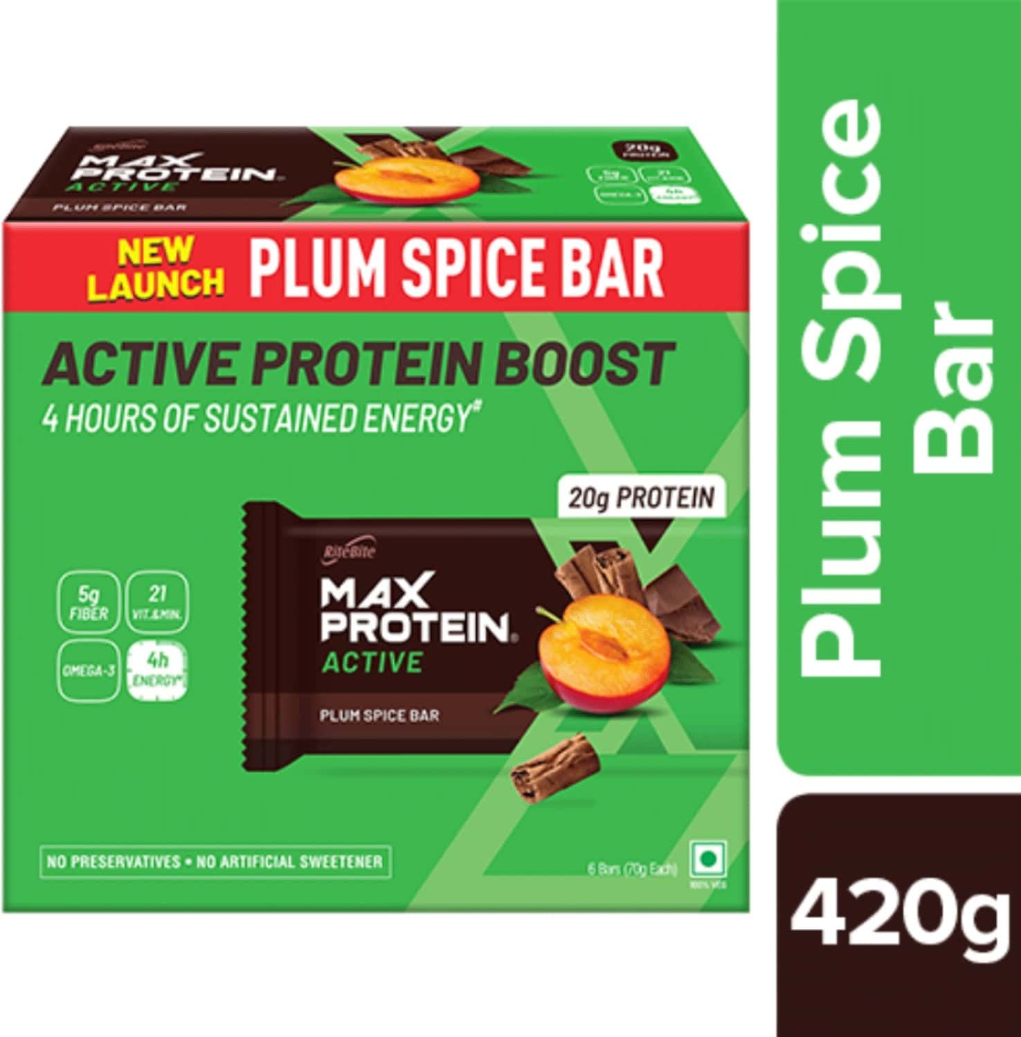 Buy RITEBITE MAX PROTEIN ACTIVE PLUM SPICE BARS 420G - PACK OF 6 (70G X 6) Online & Get Upto 60% ...
