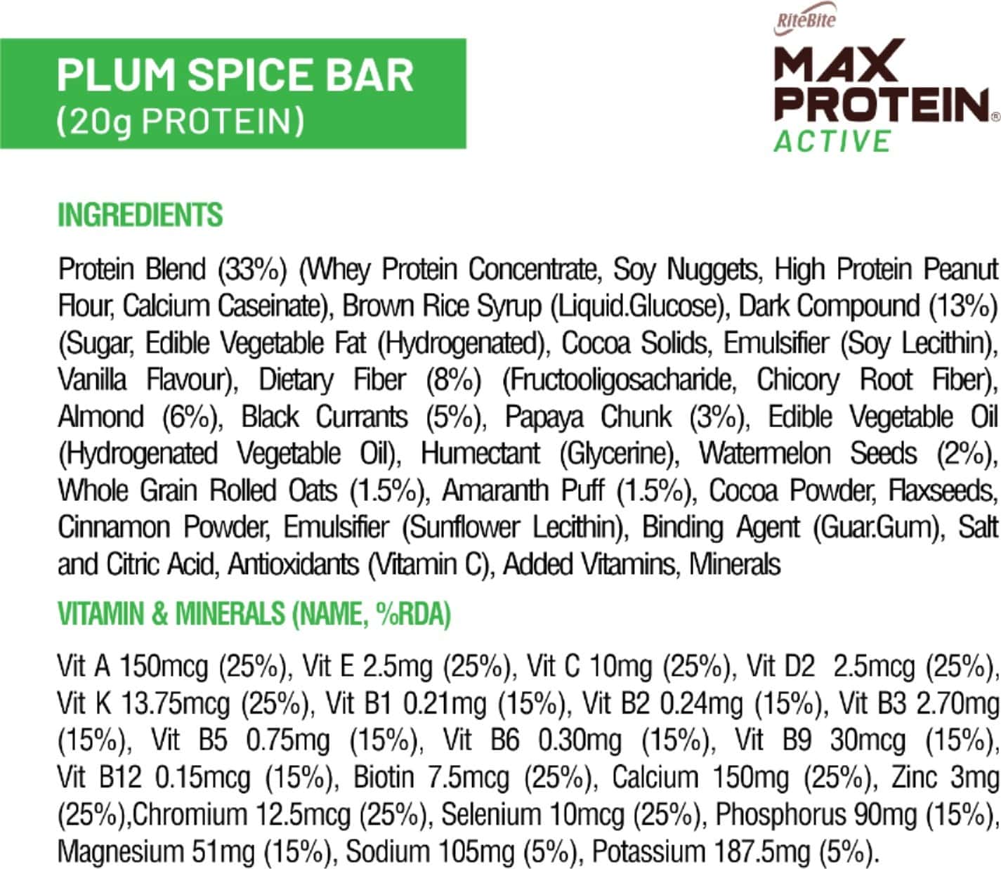 Buy RITEBITE MAX PROTEIN ACTIVE PLUM SPICE BARS 420G - PACK OF 6 (70G X 6) Online & Get Upto 60% ...