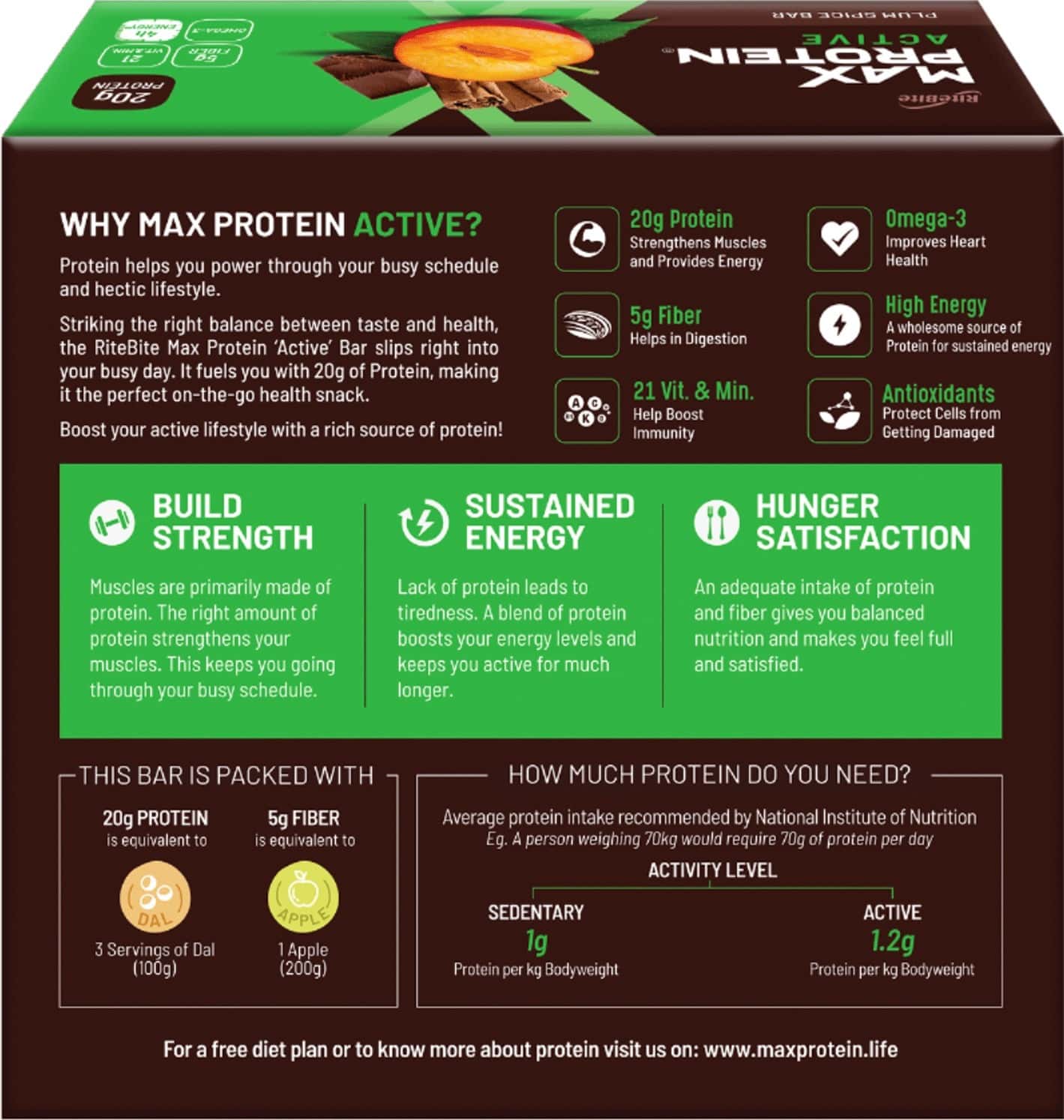 Buy RITEBITE MAX PROTEIN ACTIVE PLUM SPICE BARS 420G - PACK OF 6 (70G X 6) Online & Get Upto 60% ...