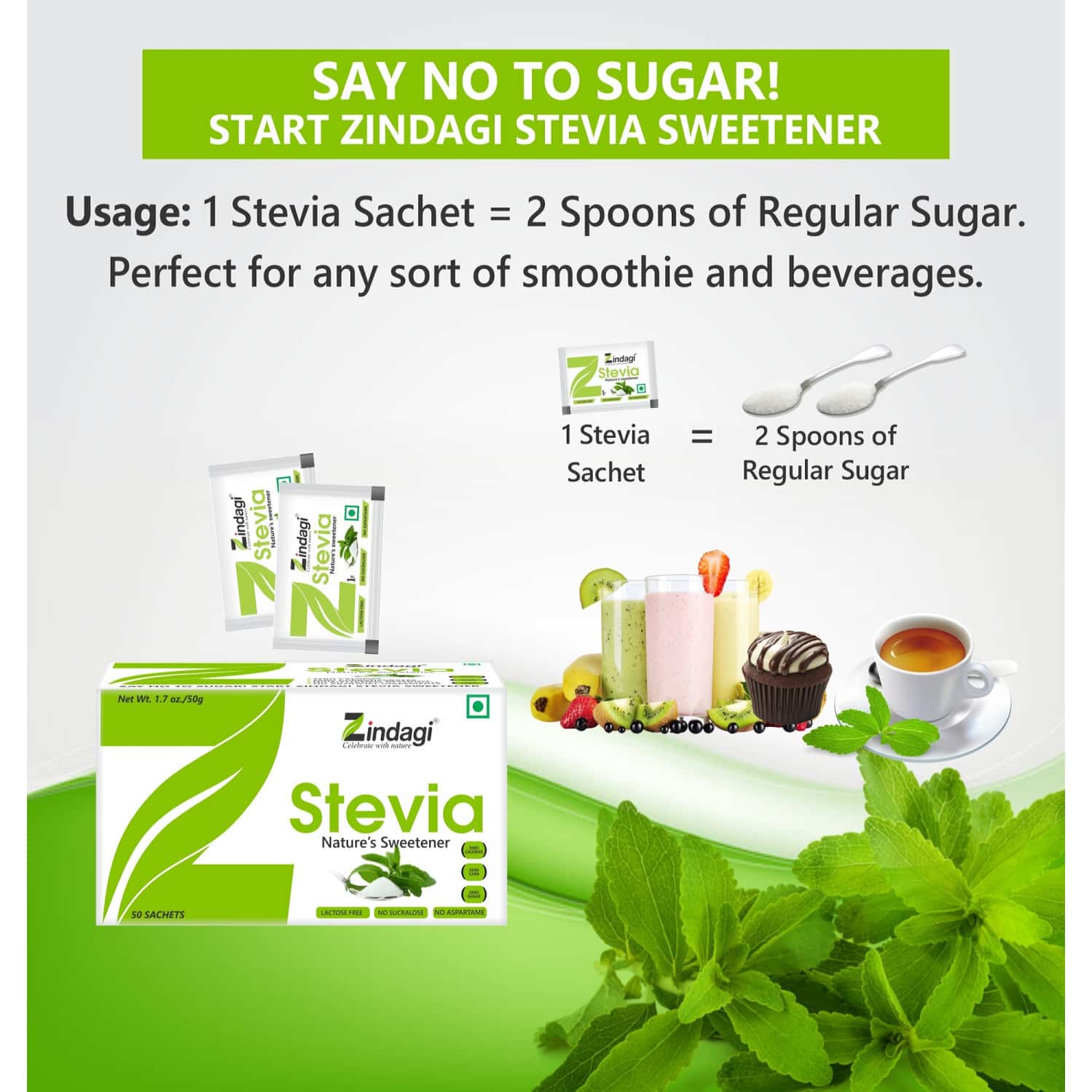 Buy ZINDAGI STEVIA POWDER SACHETS |100% SUGARFREE|ZERO CALORIE|DIABETIC ...