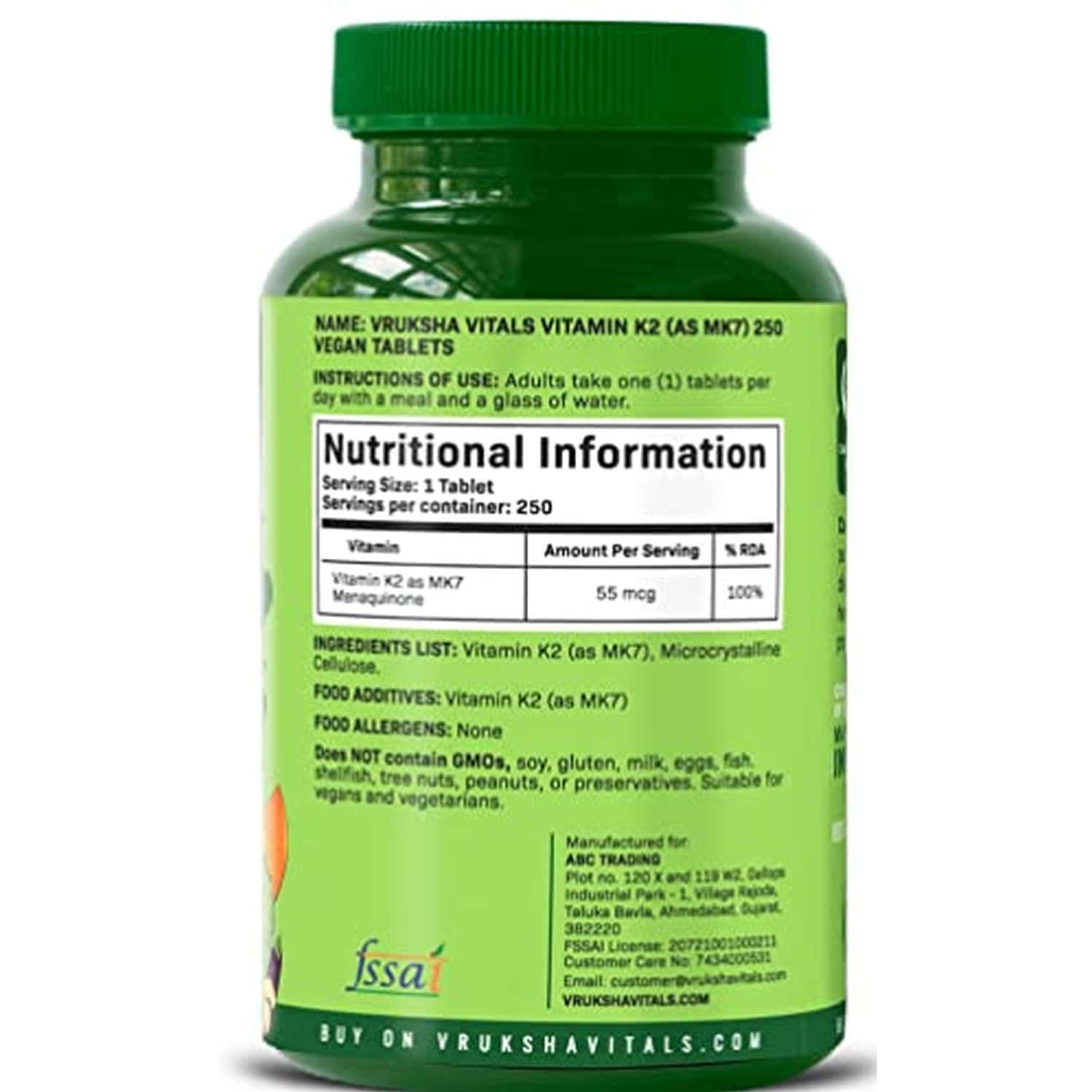 Buy VRUKSHA VITALS VITAMIN K2 AS MK7 55MCG PER TABLET - 250 TABLETS ...