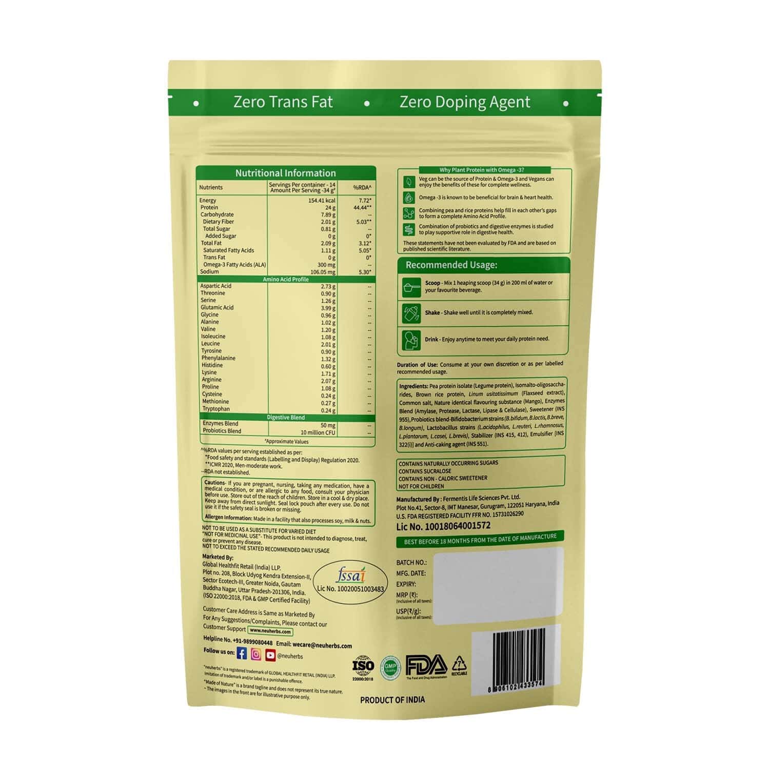 Buy NEUHERBS TRUE PLANT PROTEIN POWDER WITH OMEGA 3 (DIGESTIVE ENZYMES ...