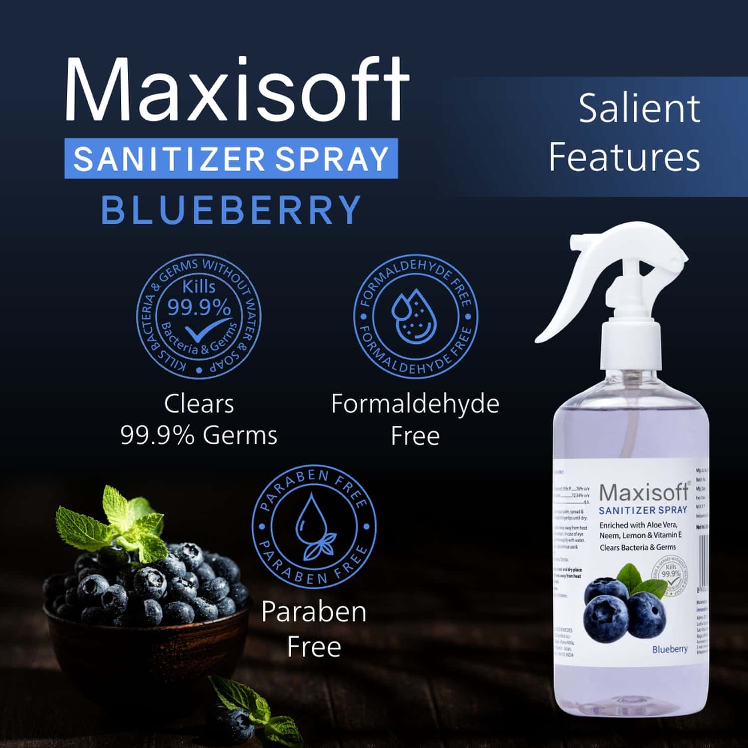 Buy MAXISOFT SANITIZER SPRAY (BLUEBERRY) 500 ML | ALOE & NEEM | PARABEN ...