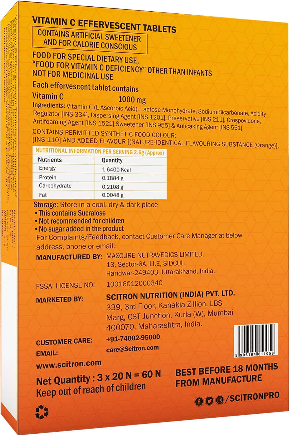 Buy SCITRON VITAMIN C 1000 MG - 60 EFFERVESCENT TABLETS (ORANGE) Online ...