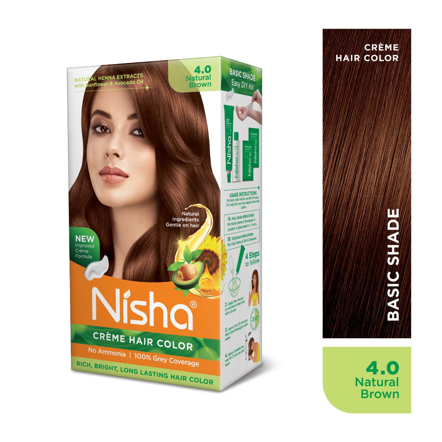 Buy NISHA CREME HAIR COLOR 4.0 NATURAL BROWN (60GM+60ML+18ML) AMMONIA FREE PERMANENT HAIR COLOUR ...