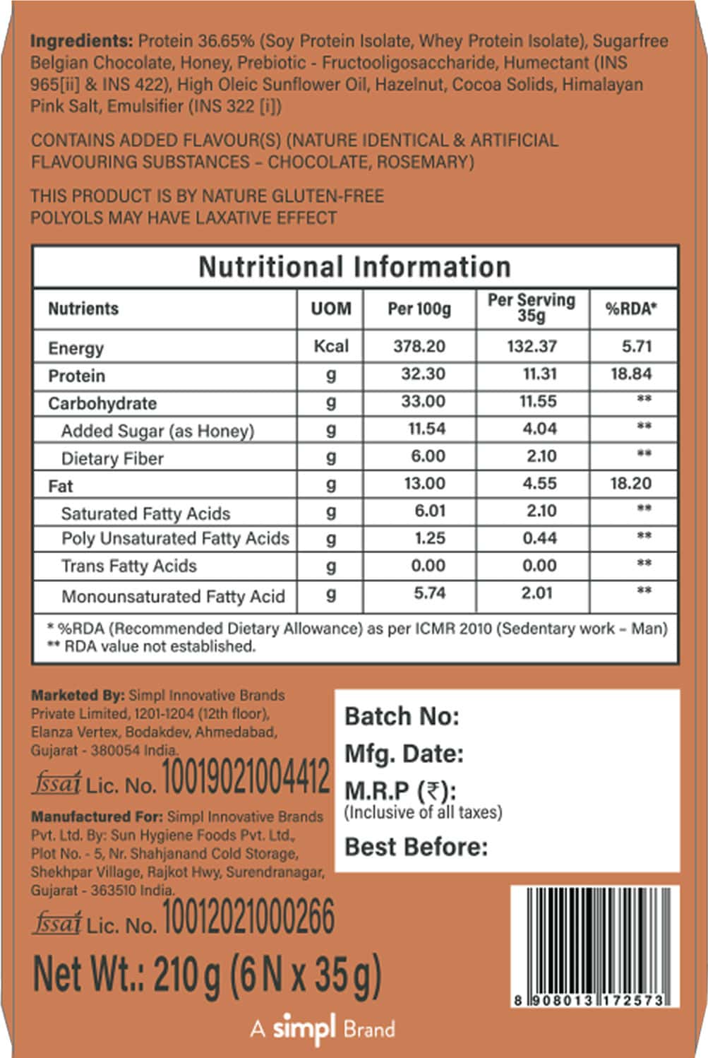 Buy PHAB PROTEIN BAR MINI 11G PROTEIN ZERO TRANS FATS: PACK OF 6X 35G ...