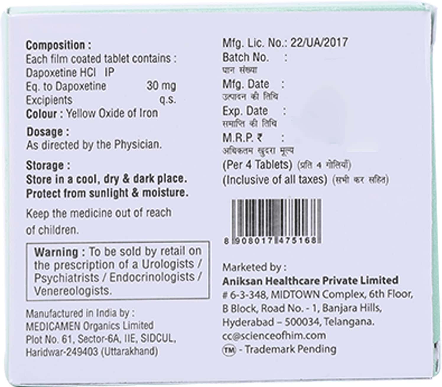 Buy SCIENCE OF HIM KEEP GOING TAB - DAPOXETINE TABLETS Online & Get ...