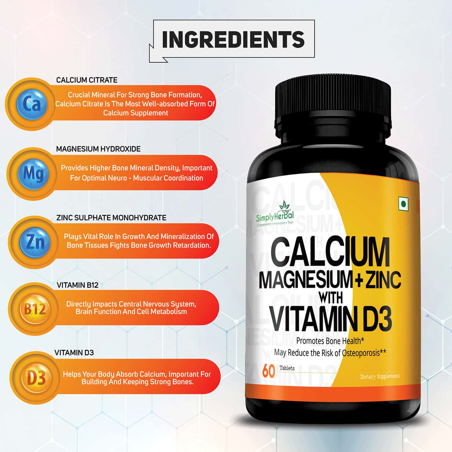 Buy SIMPLY HERBAL CALCIUM MAGNESIUM ZINC SUPPLEMENT TABLETS - 120 ...