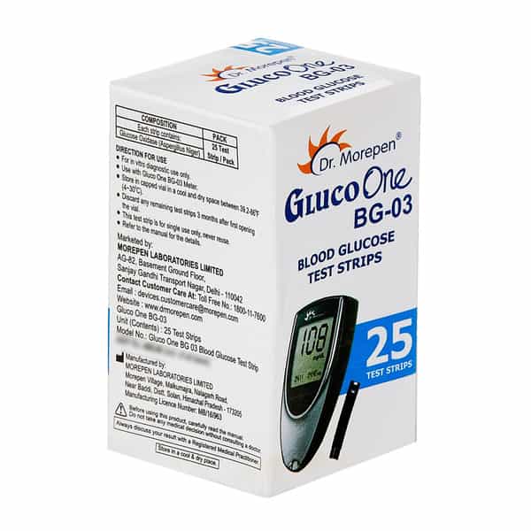 Buy DR MOREPEN GLUCO ONEBG 03 BLOOD GLUCOSE TEST STRIP BOX OF 25 NO'S ...