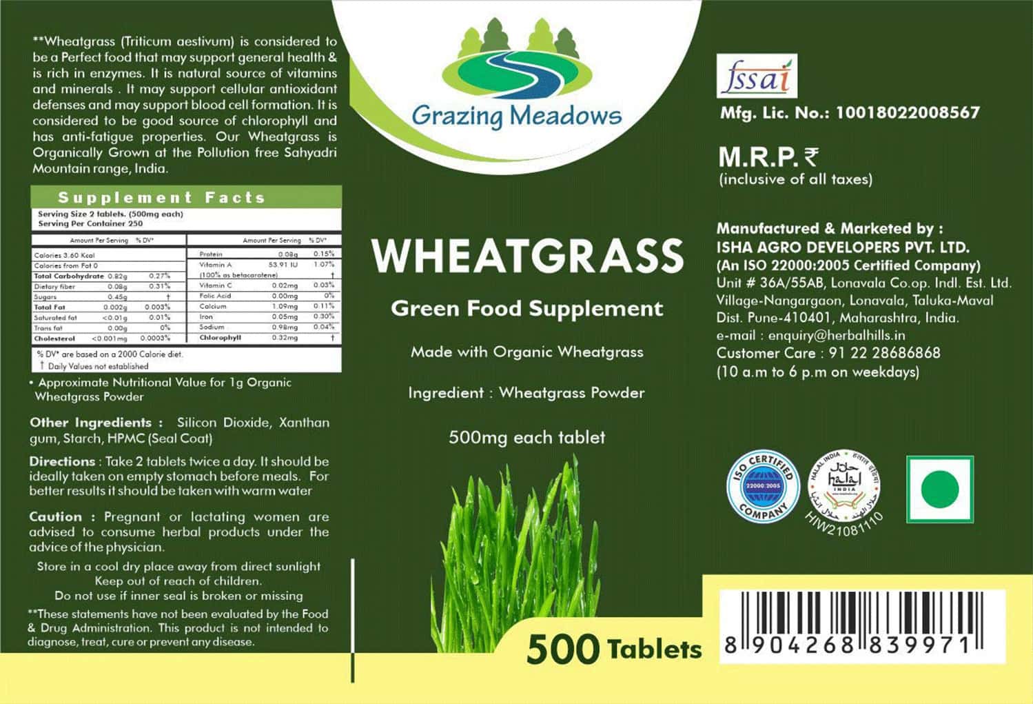 Buy GRAZING MEADOWS WHEATGRASS 500 MG - 500 TABLETS Online & Get Upto ...