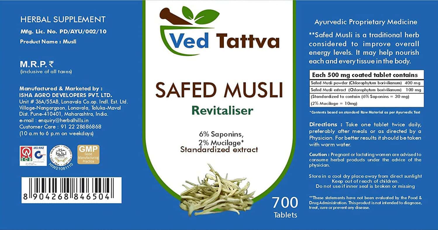 Buy VED TATTVA MUSLI TABLETS SAFED MUSLI 700 TABLETS/NATURAL & PURE ...