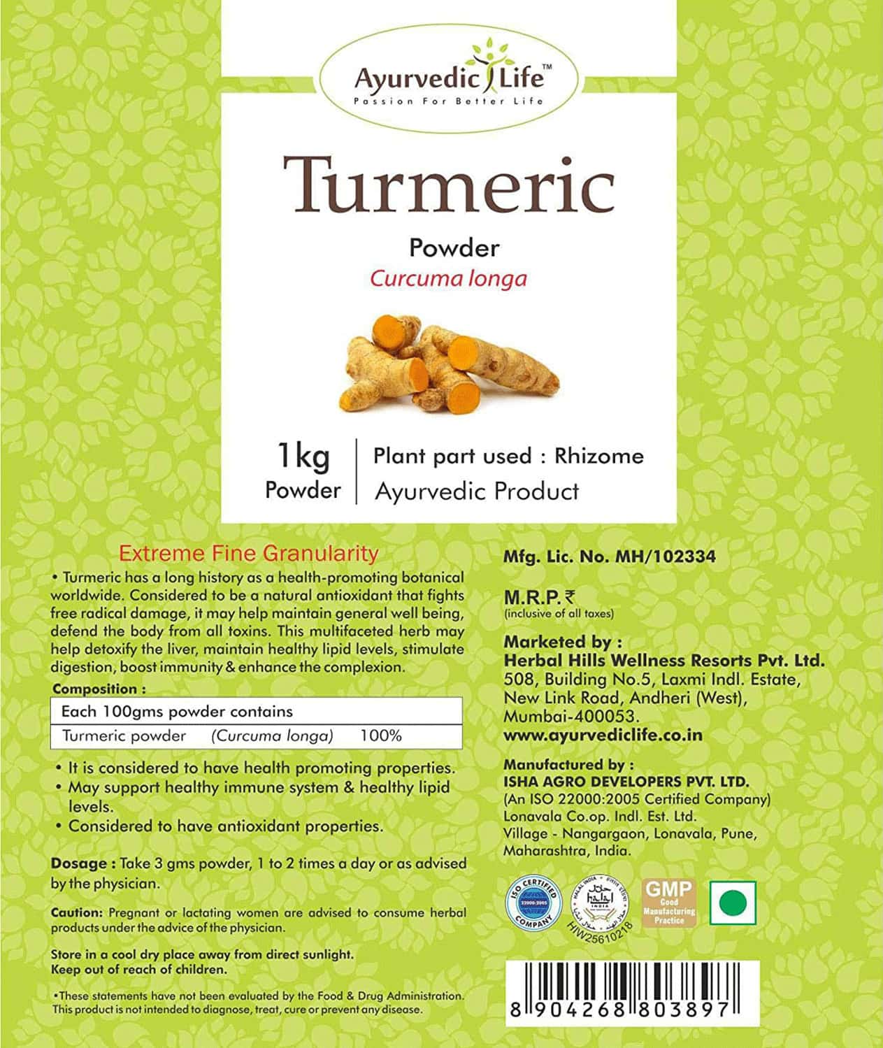 Buy AYURVEDIC LIFE TURMERIC POWDER - 1 KG VALUE PACK OF 2 Online & Get ...