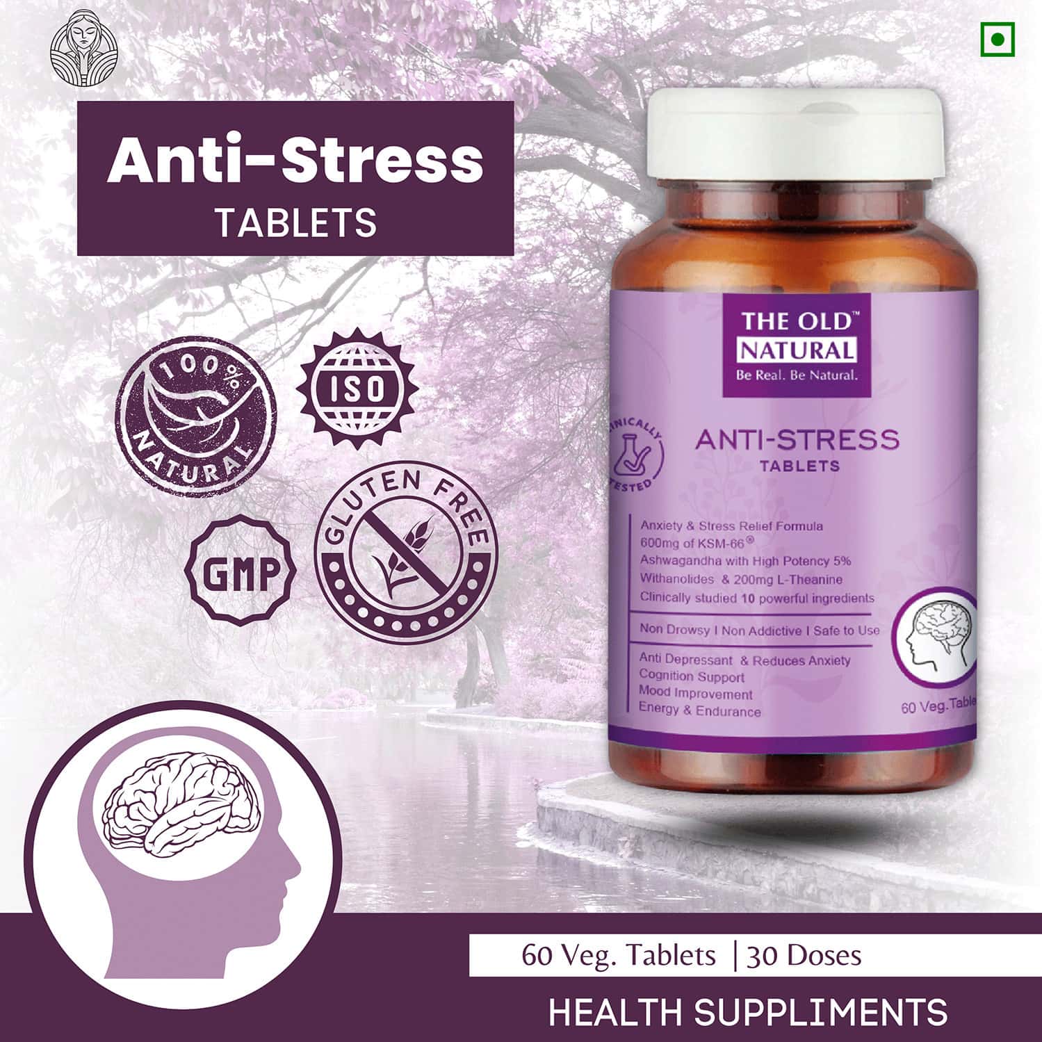 Buy THE OLD NATURAL ANTI STRESS TABLETS - ASHWAGANDHA KSM 66 EXTRACT, L ...