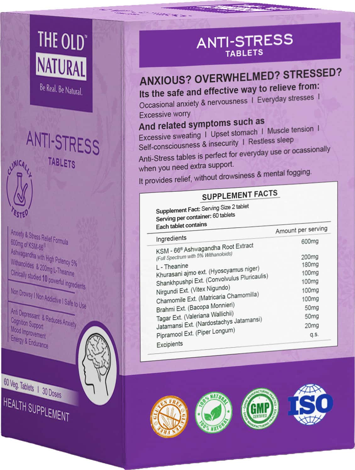 Buy THE OLD NATURAL ANTI STRESS TABLETS - ASHWAGANDHA KSM 66 EXTRACT, L ...