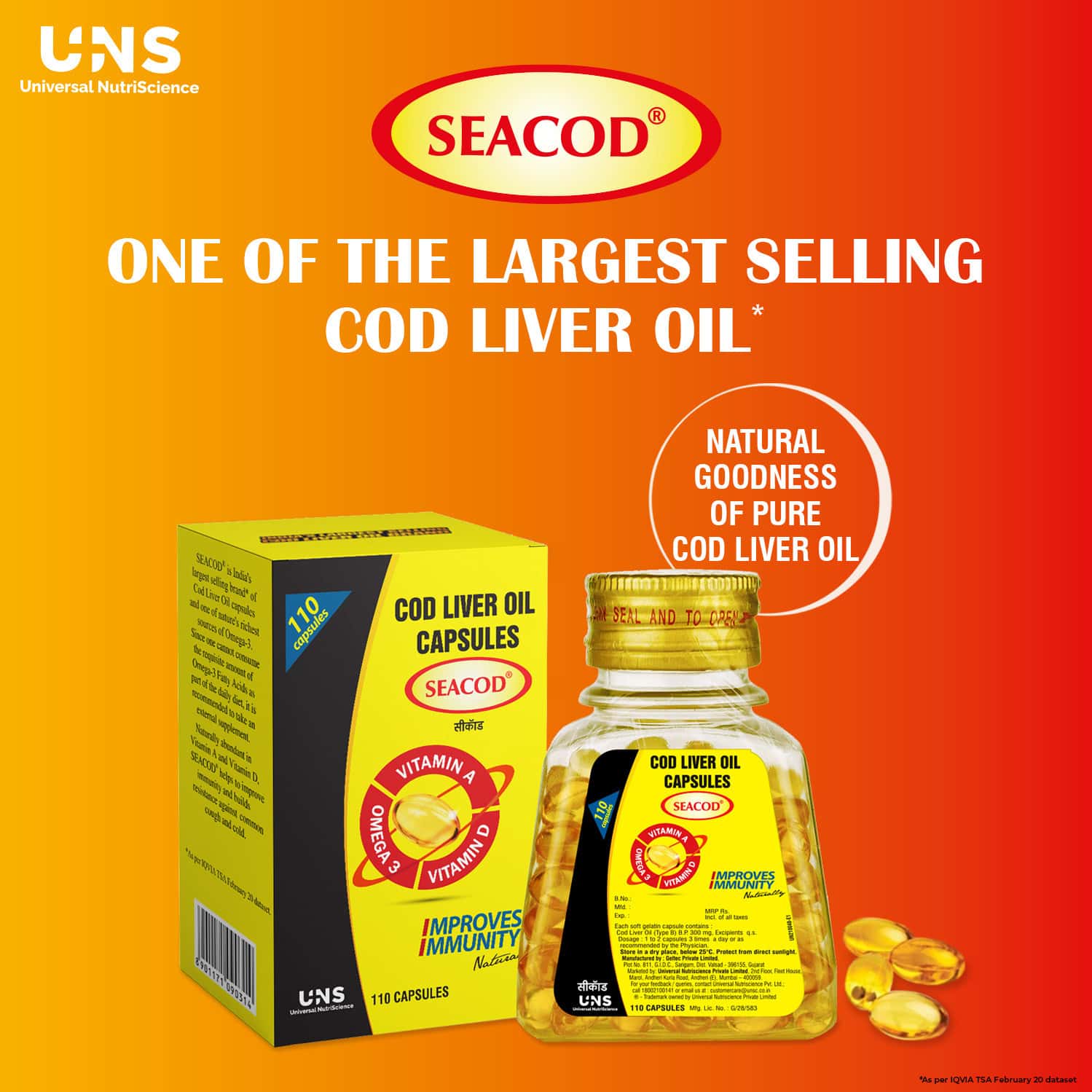 Buy SEACOD PURE COD LIVER OIL CAPSULES 300MG WITH OMEGA 3,VITAMIN A & D ...