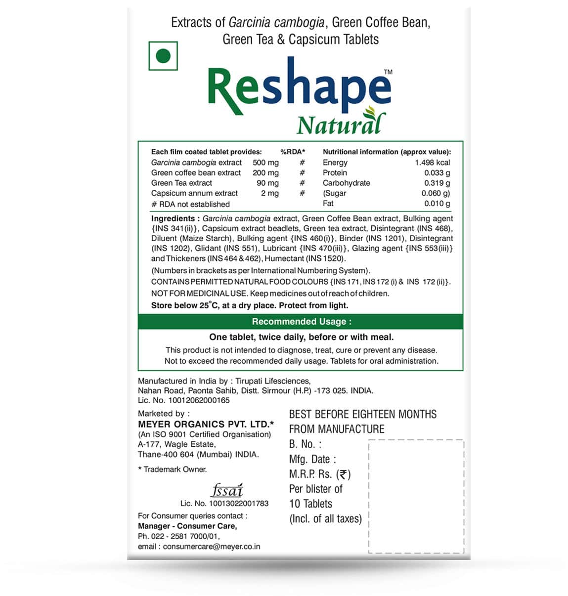 Buy RESHAPE NATURAL HEALTH SUPPLEMENT TABLETS (WITH COFFEE BEAN AND ...