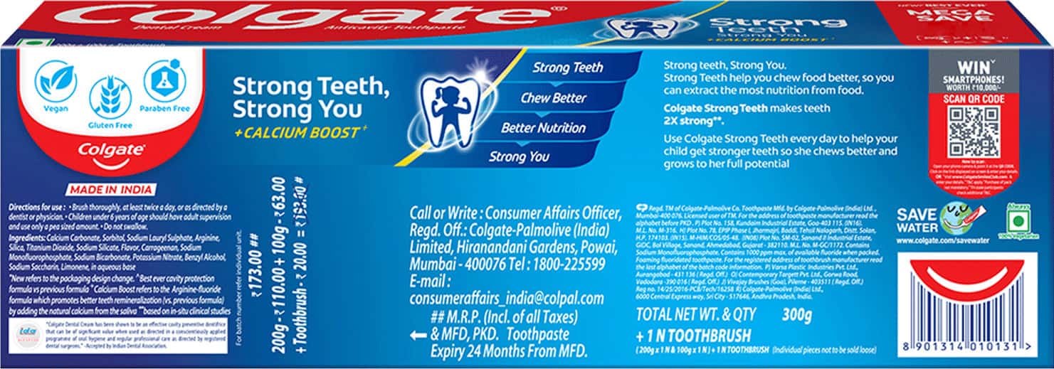 Buy COLGATE TOOTHPASTE STRONG TEETH - DENTAL CREAM - ANTI CAVITY TUBE ...