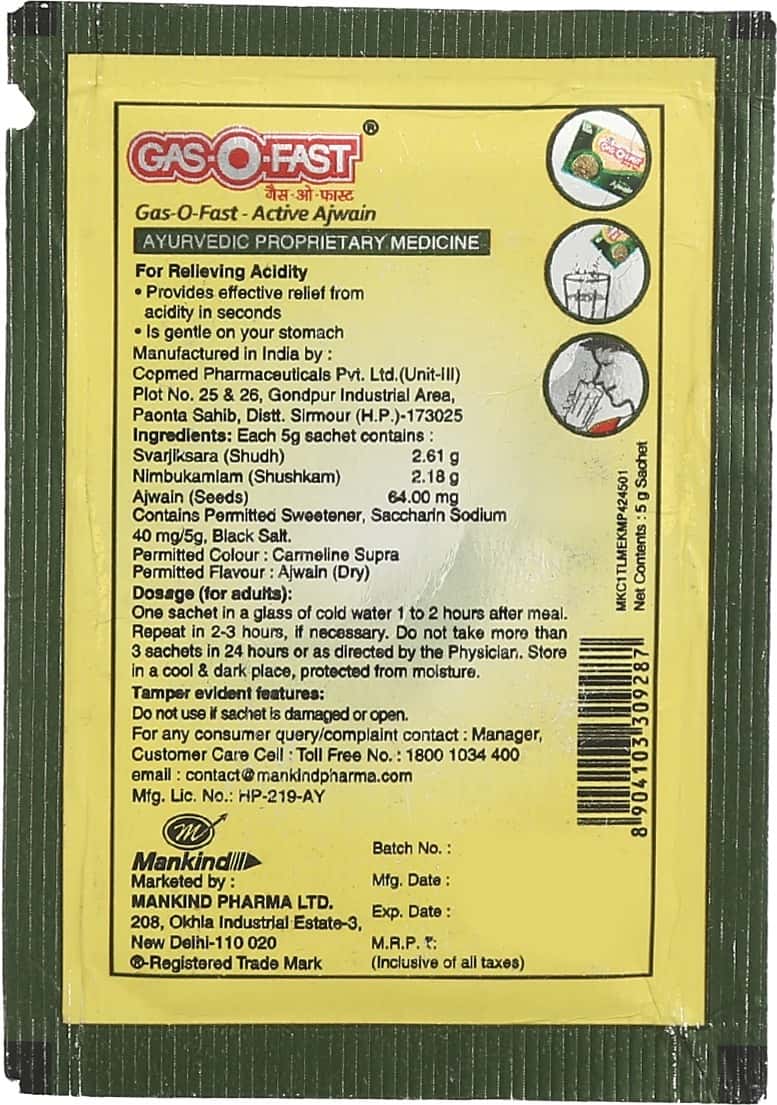 Buy GAS O FAST ACTIVE AJWAIN ANTACID SACHET OF 5 G Online & Get Upto 60 ...
