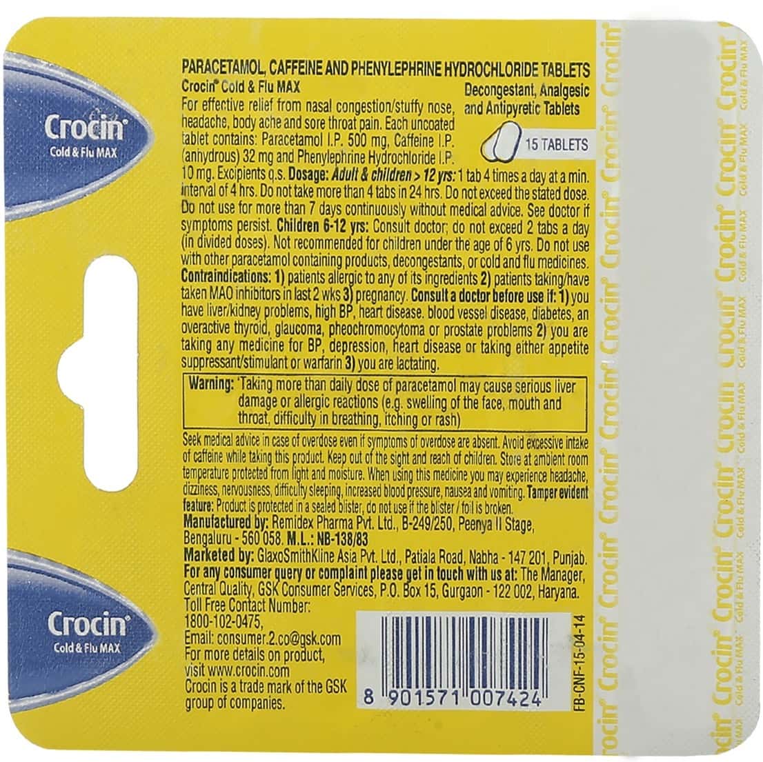 Crocin Cold N Flu Max 500/32/10 Mg Tablet 15: Uses, Side Effects, Price ...