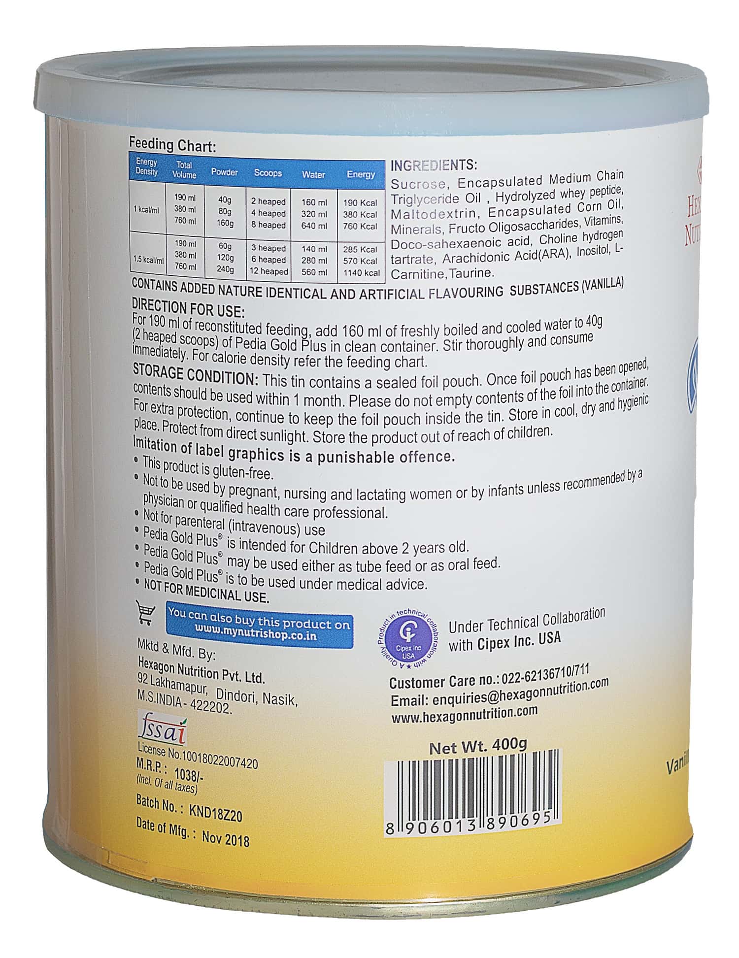 Buy Pedia Gold Plus Vanilla Nutrition Drink Tin Of 400 G Online & Get ...