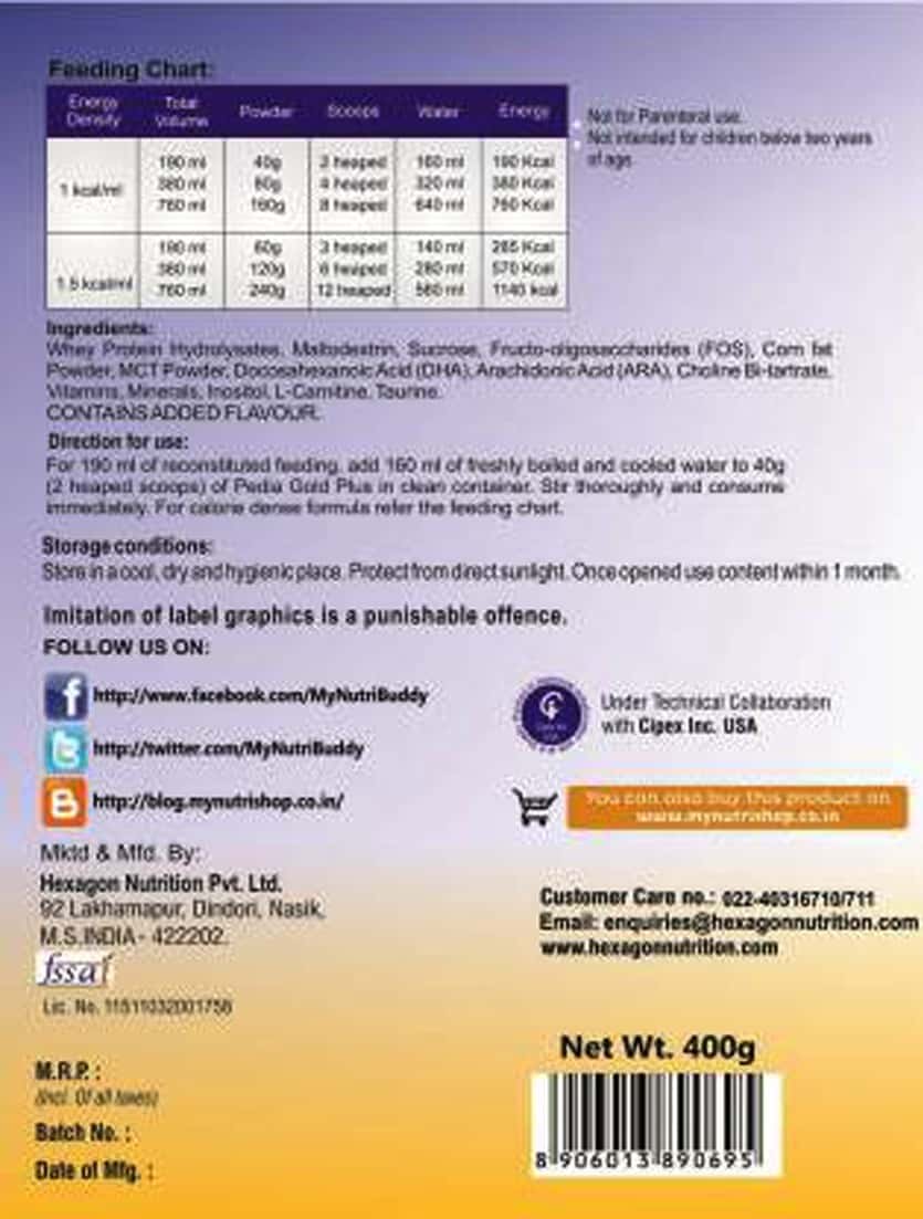 Buy PEDIA GOLD PLUS VANILLA NUTRITION DRINK TIN OF 400 G Online & Get ...