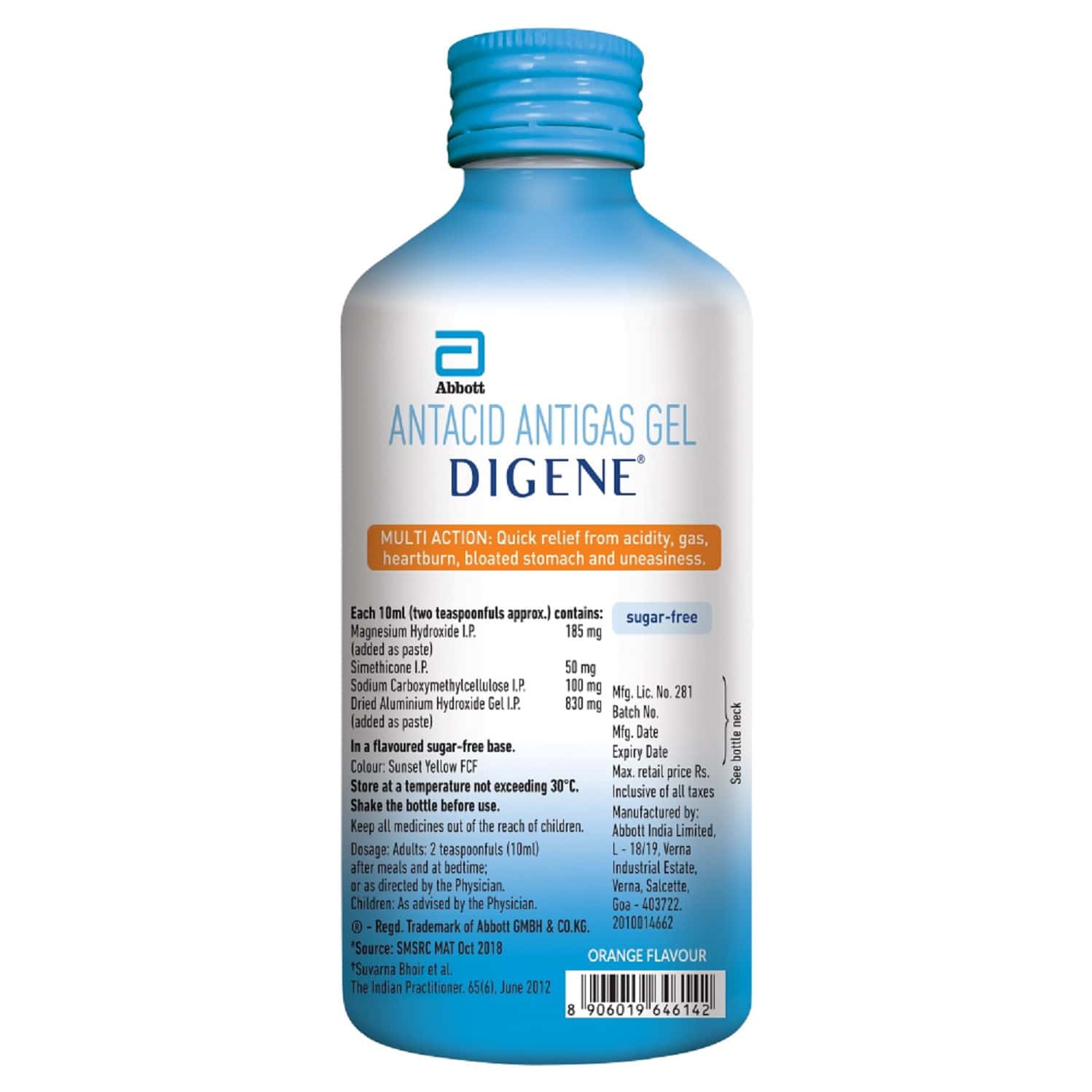 Buy DIGENE GEL ACIDITY & GAS RELIEF SUGAR FREE - 450ML ORANGE FLAVOUR ...