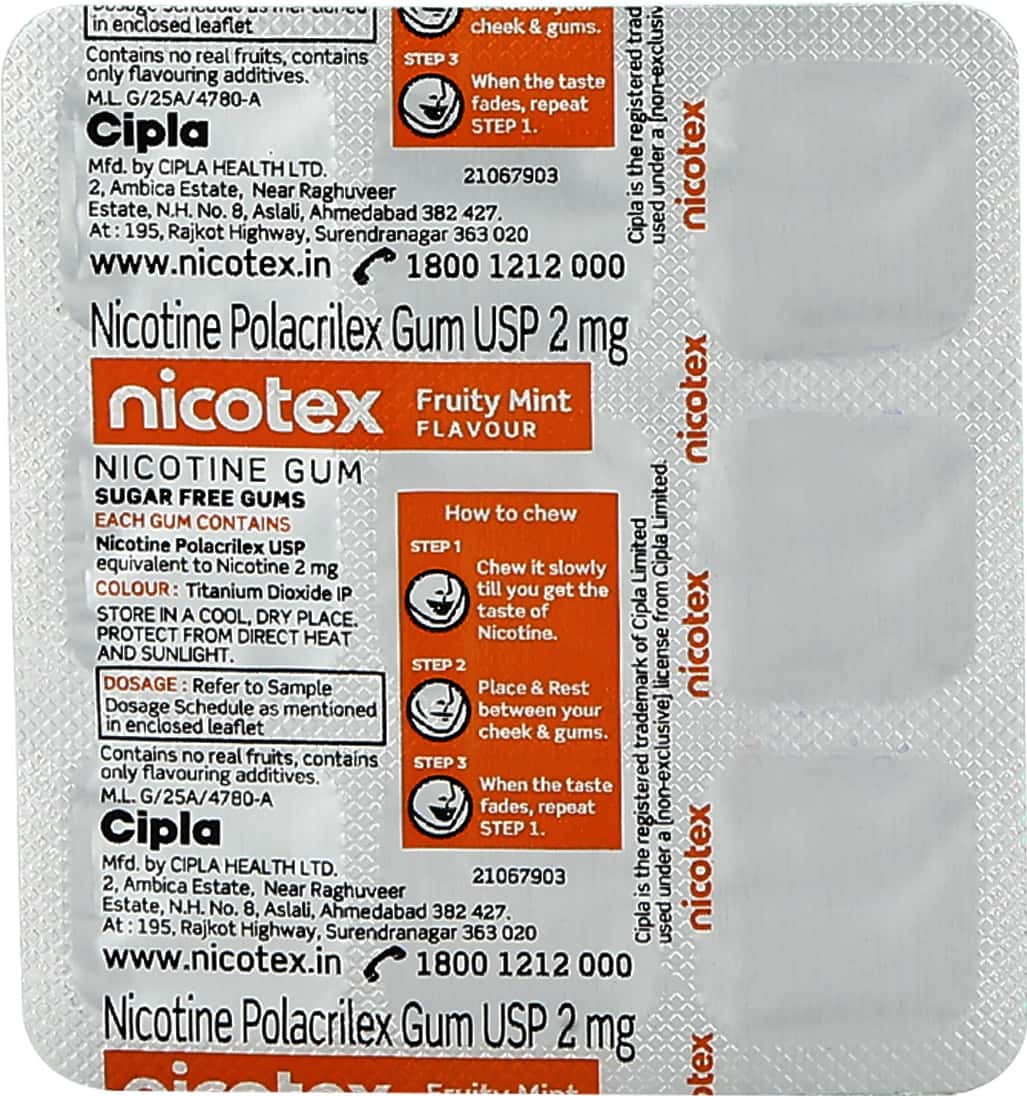 Buy NICOTEX 2MG FRUITY MINT NICOTINE GUMS SUGAR FREE STRIP OF 9 'S ...